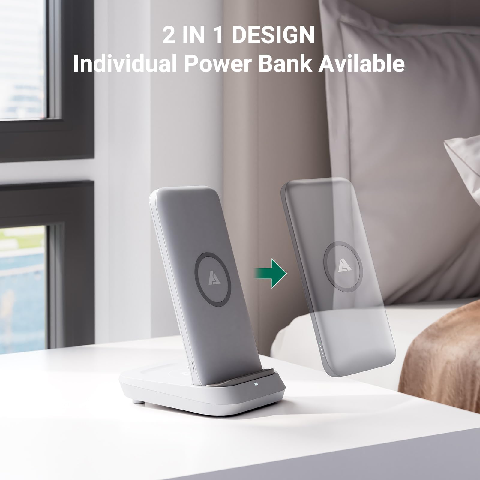 YOLANESS 10000mah mobile Power supply, 10W wireless charging power Bank and charging dock, 3 in 1 Power Bank Stand Dock,1 USB-C input/output (18W), 1 USB-A output, for iPhone and Android