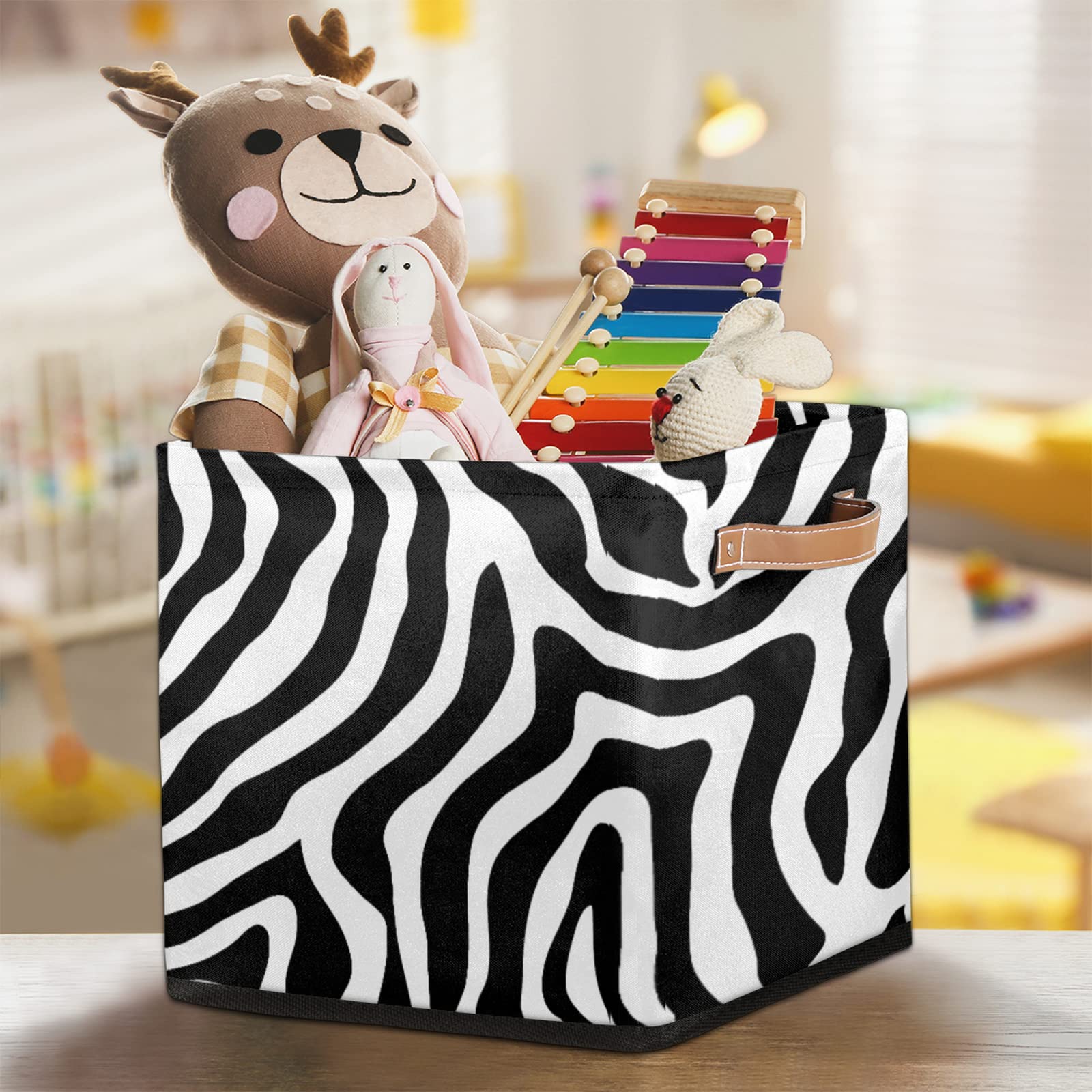 Zebra Print Animal Skin Pattern Storage Basket Bins for Organizing Pantry/Shelves/Office/Girls Room, Leopard Print Storage Cube Box with Handles Collapsible Toys Organizer 13x13