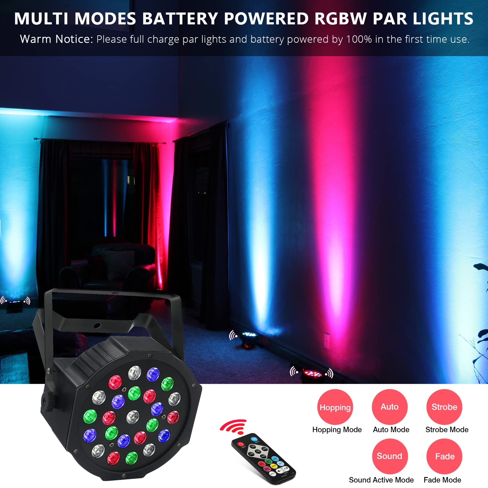Wireless Rechargeable Stage Lights, OPPSK 24W 24LEDs RGBW Battery Powered Par Lights by Remote & DMX Control Uplighting for Wedding Church DJ Party Stage Lighting - 2 Pack