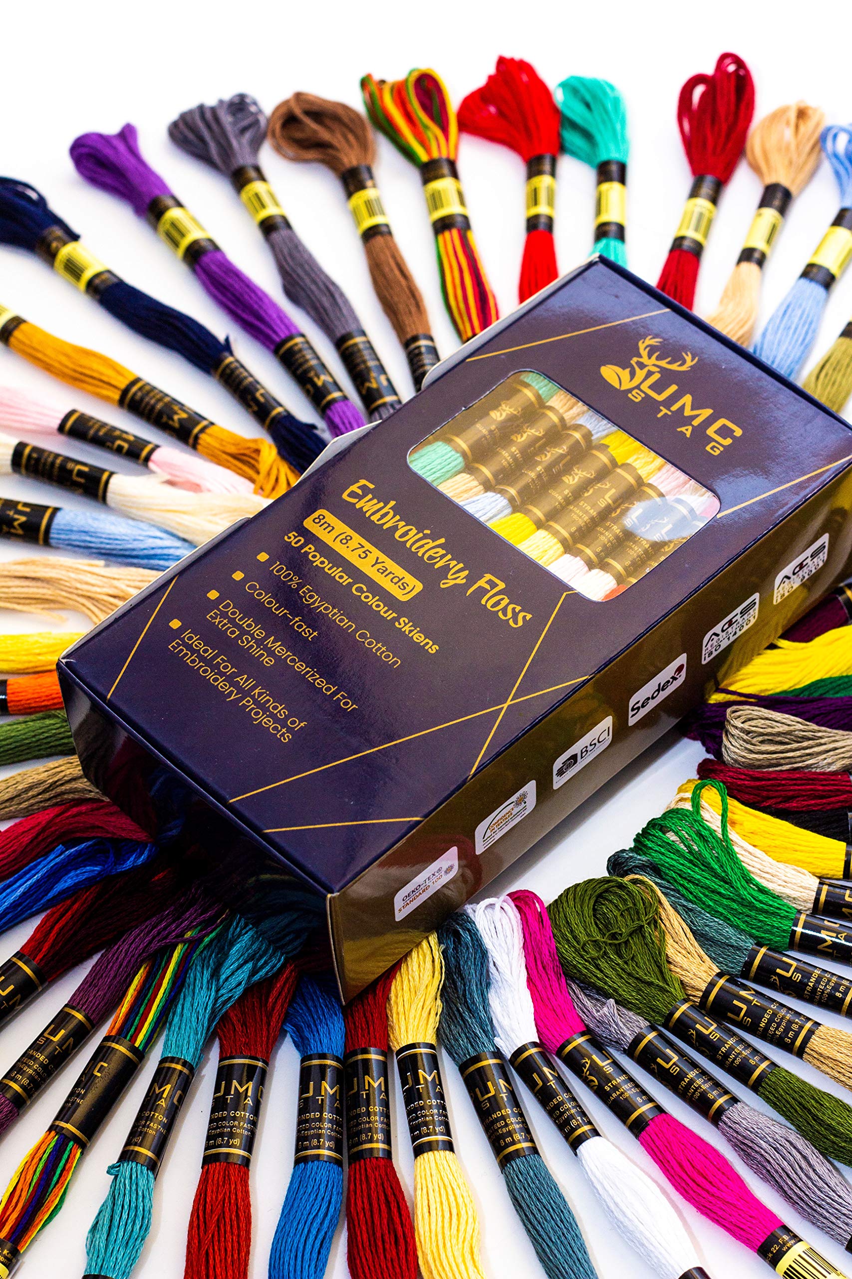 UMC STAG Pack of 50 Popular Colours Premium Embroidery Thread | 100% Egyptian Cotton Premium Skeins | Cross Stitch Embroidery Floss | Oeko TEX Certified Stranded Cotton | Ideal for Arts & Crafts