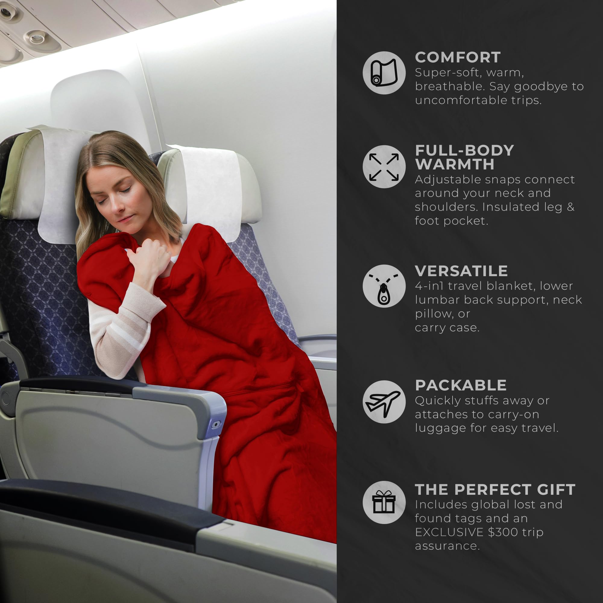 Zero Grid Premium Lightweight Wearable Super Soft Travel Blanket with Neck Snaps, Cozy Footpockets and Zipper Pouch, Compact Airplane with Luggage Strap Travel Blanket and Pillow Set