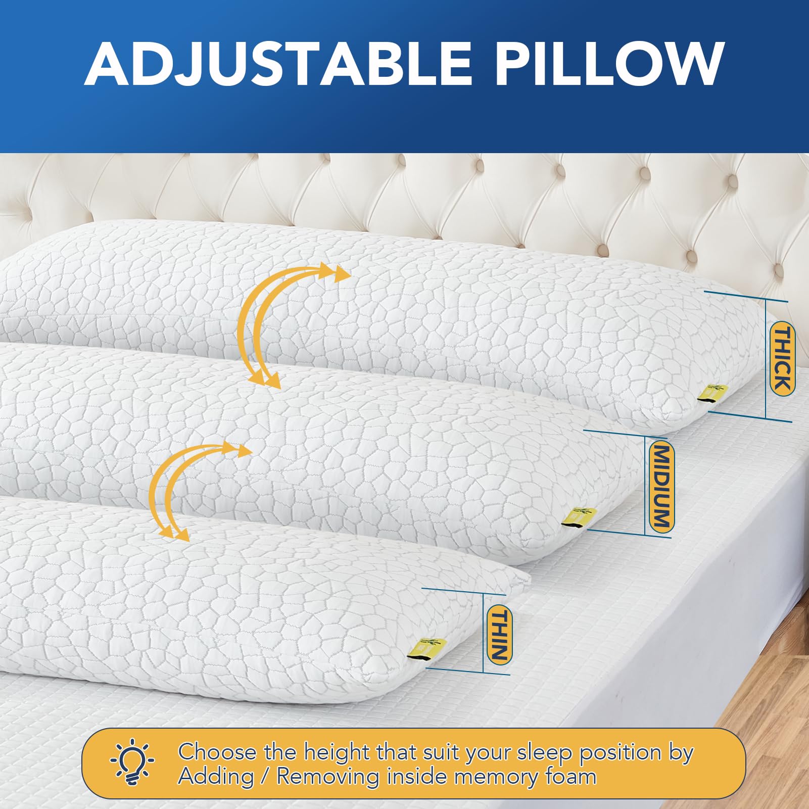 Tuozaiira Body Pillow for Adults, Adjustable Long Bed Pillow for Sleeping, Shredded Memory Foam Hug Pillow with Removable Cover for Side Back Sleeper and Pregnant Women, 54x20 Inches