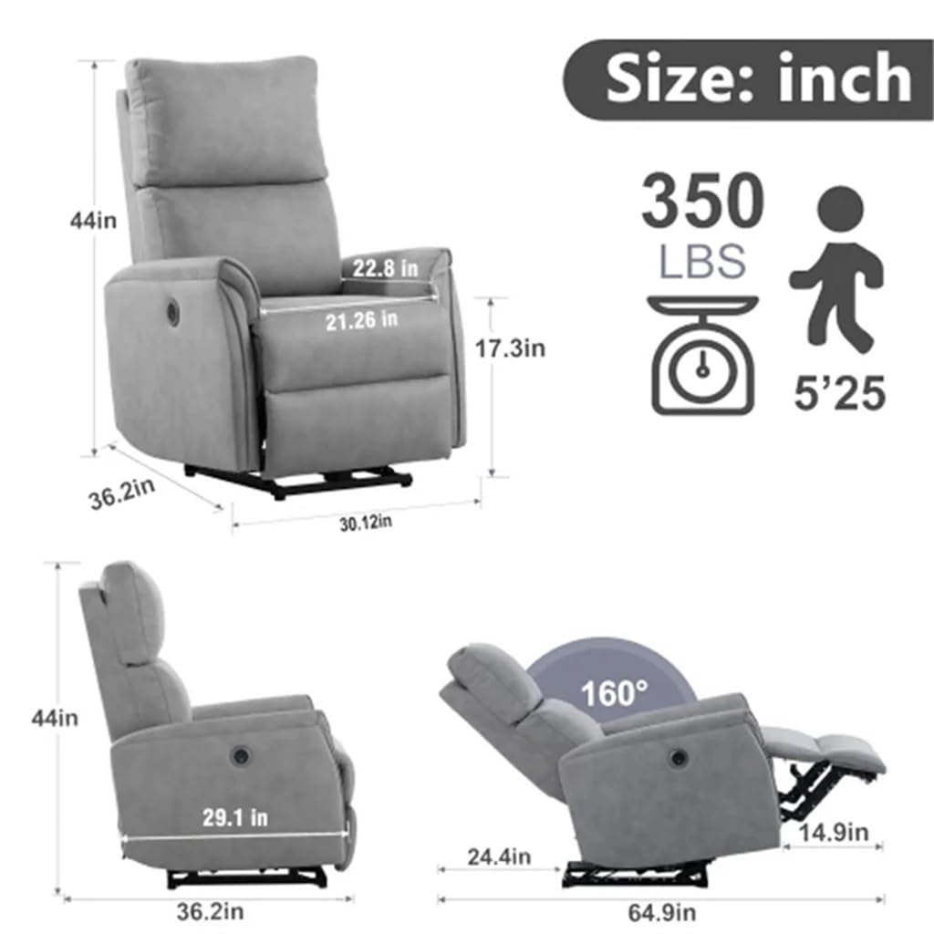 YASEZ Gray Electric Power Recliner Chair,Upholstered Foam Lounge Single Sofa,Reclining Chair W/USB Charging