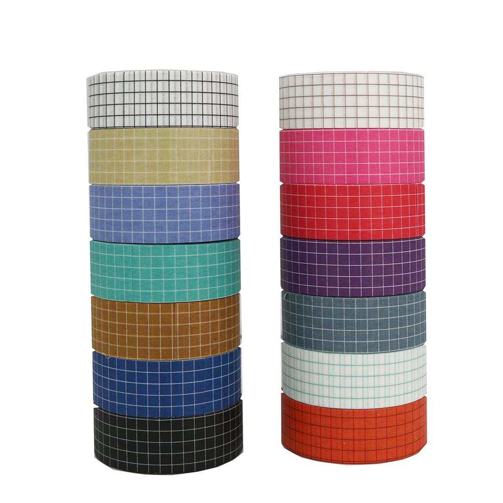 YuBoBo Washi Tape Set, 14 Rolls Grid Washi Masking Decorative Tapes for DIY Decor Planners Scrapbooking Adhesive School/Party Supplies