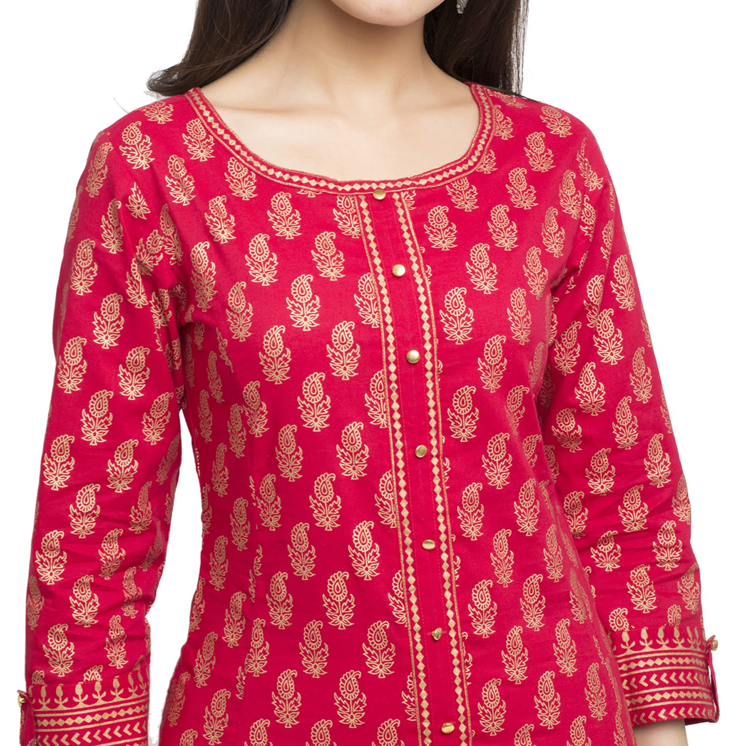 Yash Gallery Women's Cotton Gold Printed Anarkali Kurtis for Women (Red, L)