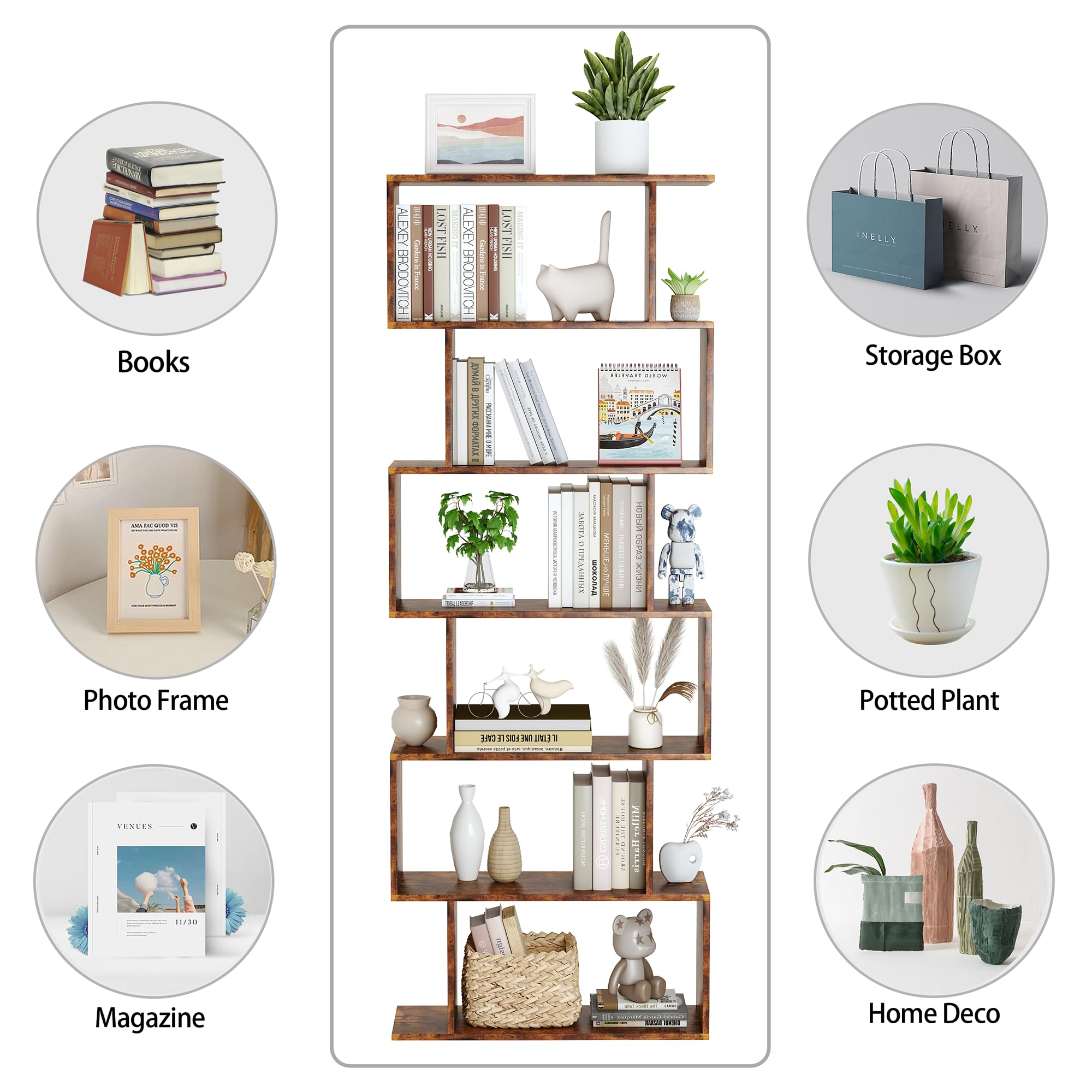 Yusong Geometric Bookcase, Bookshelf 6-Tier S Shaped Book Shelves for Bedroom, Modern Wood Decorative Display Shelf Tall Book Case for Home Office, Rustic Brown
