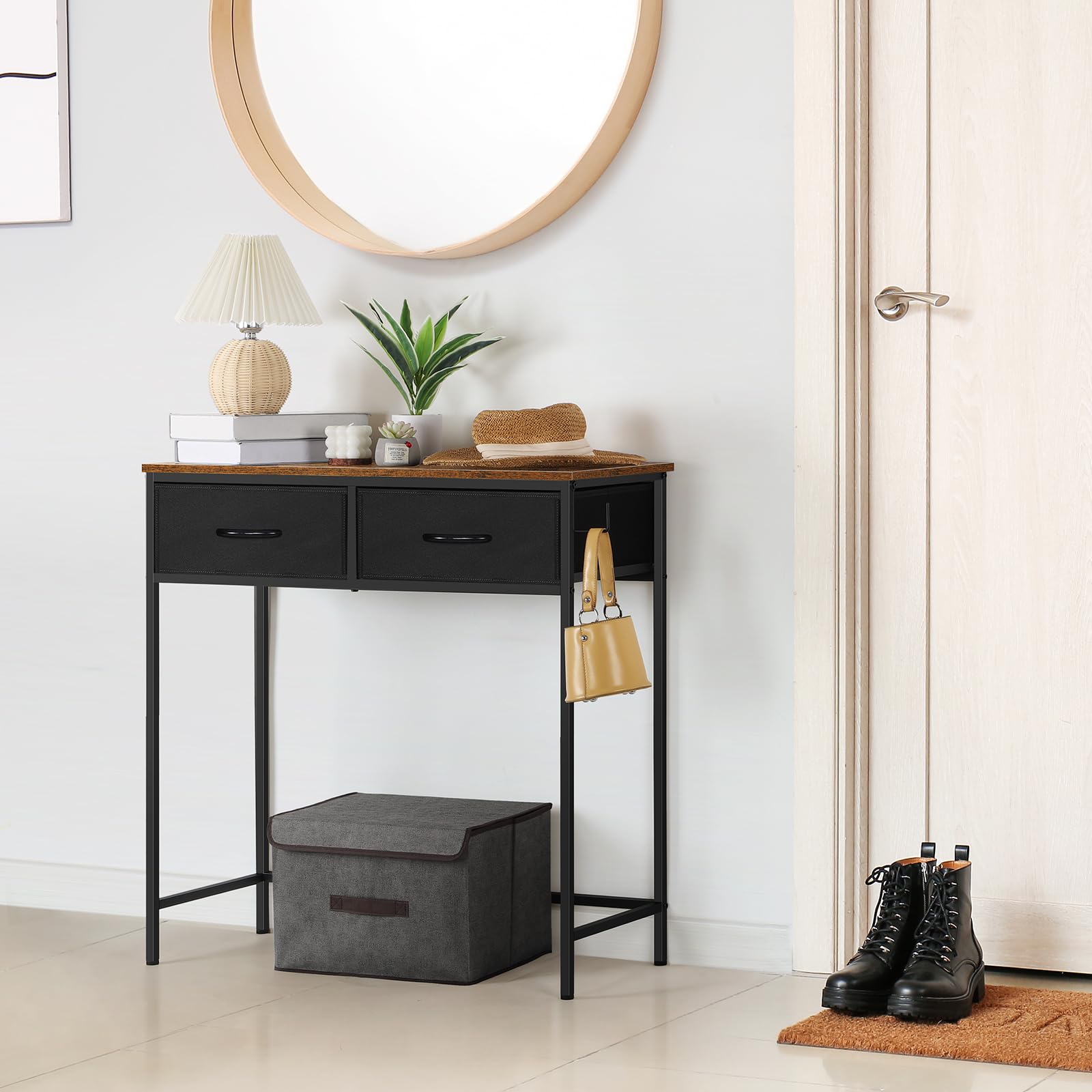 YBING Small Entryway Table, Narrow Console Table with Drawers, Sofa Table with Hook, Narrow Hallway Table for Living Room, Bedroom, Couch, Foyer, Industrial, Brown and Black