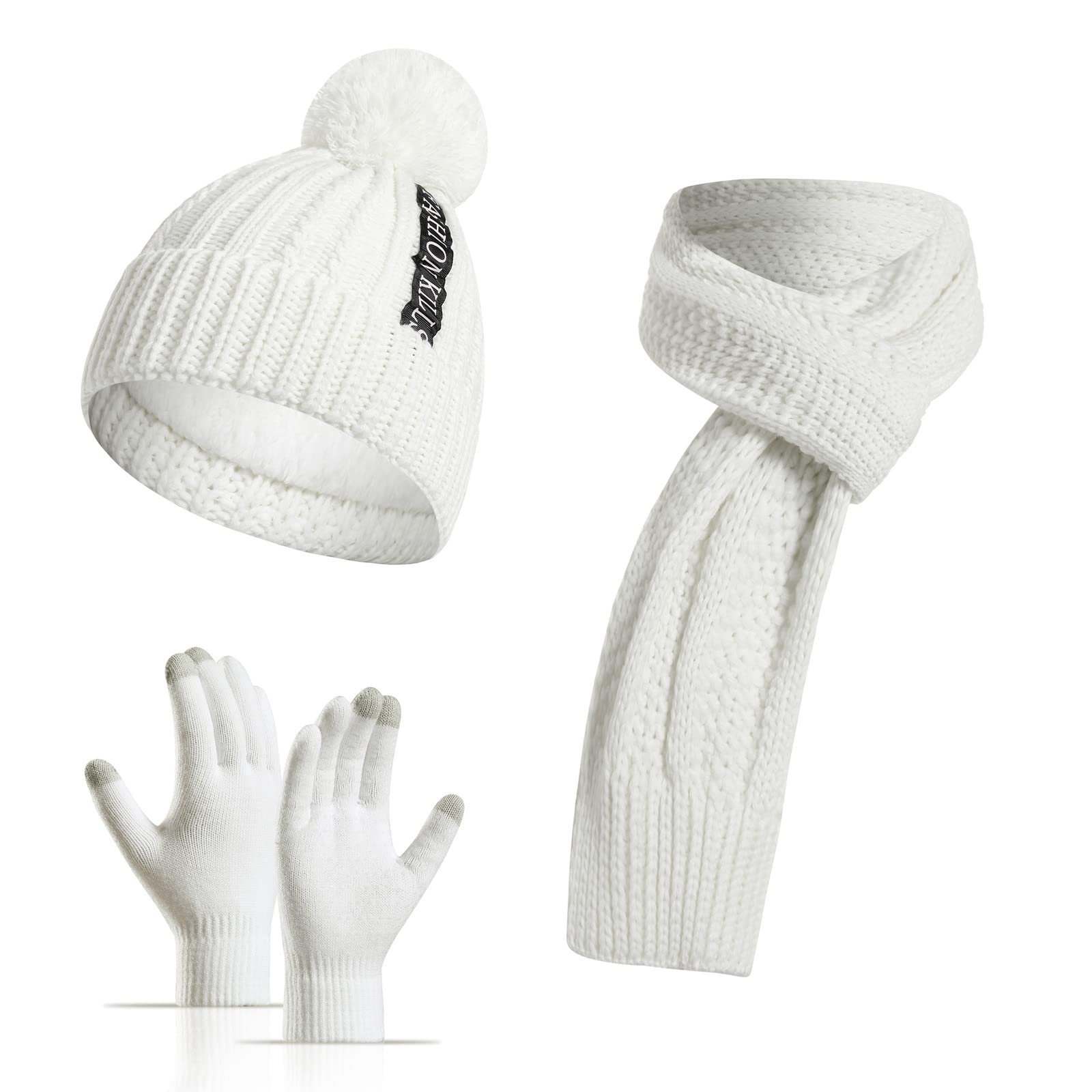 Yvechus 3 in 1 Winter Beanie Hat Scarf and Gloves Set Warm Knit Hat Thick Fleece Lined for Women (J White)