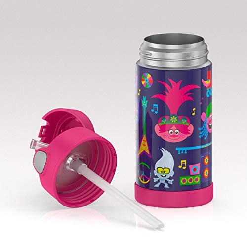 THERMOS FUNTAINER 12 Ounce Stainless Steel Vacuum Insulated Kids Straw Bottle, Trolls