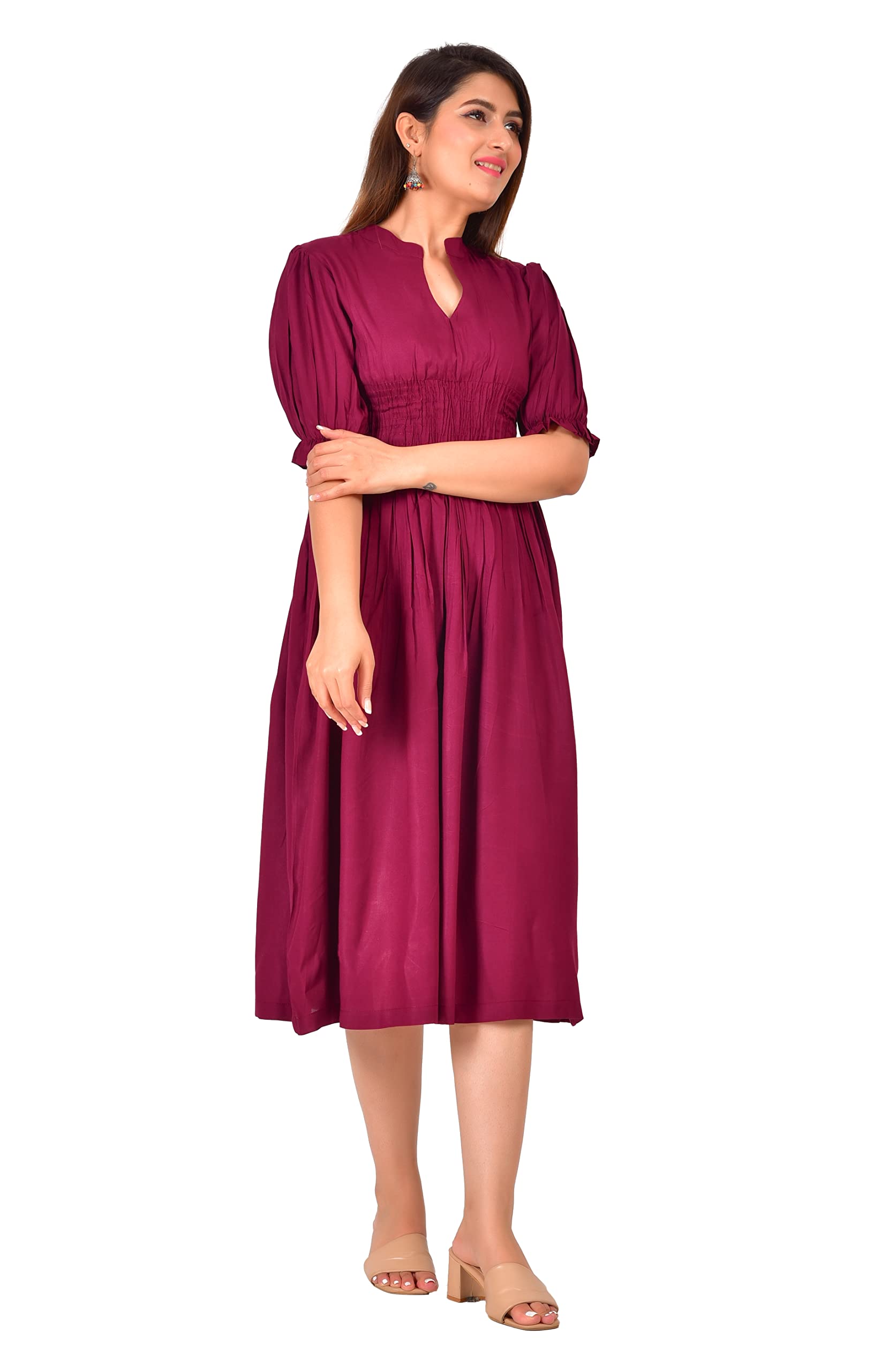 Vasu Agencies Womens Rayon Wine Red 3/4 Sleeves Floral Printed Straight Anarkalis Kurti (Large)