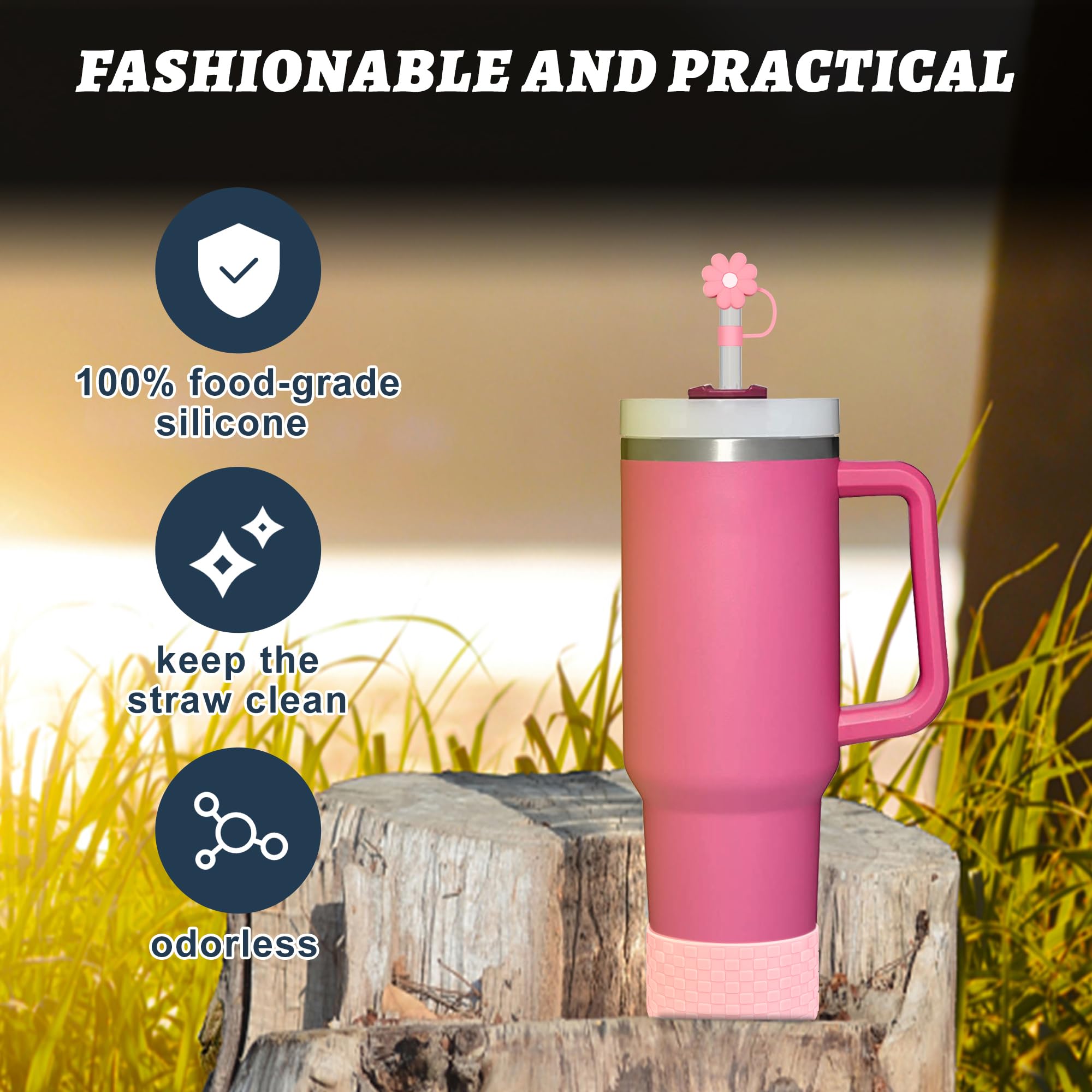 UBEEKOO Tumbler Cup Boot and Straw Covers Cap, Compatible with Stanley Tumbler 30/40oz, Including 1 Protective Silicone Boot and 1 Straw Toppers,Pink White Daisy 10mm