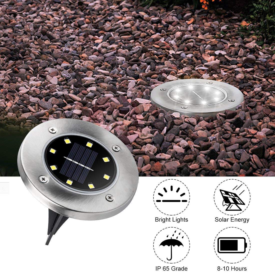 ZGWJ Solar 8 LED Disk Lights Upgraded Outdoor Ground Garden Landscape Lights for Lawn Pathway Yard Deck Patio Walkway (White)