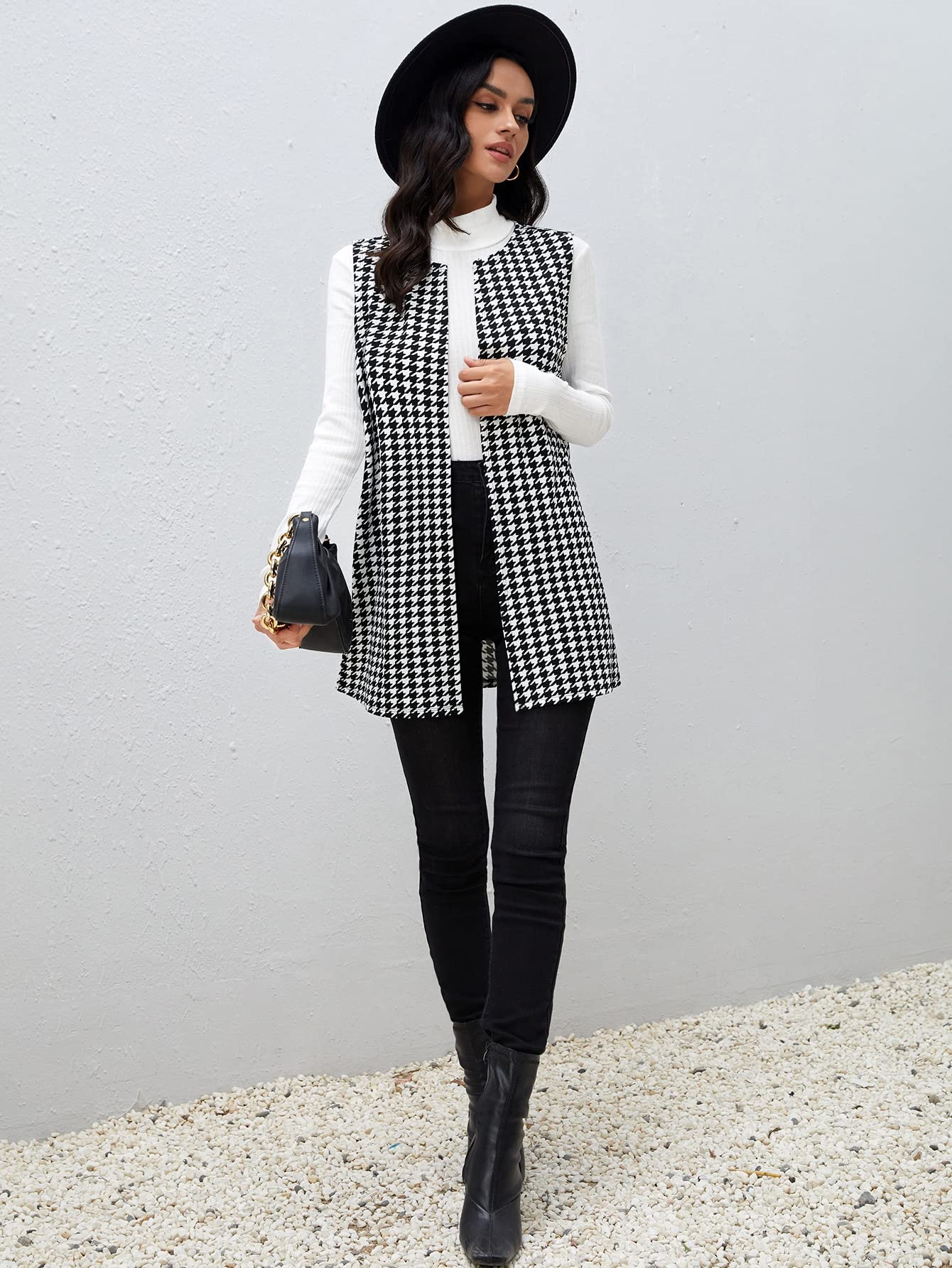 WDIRARA Women's Plaid Button Open Front Sleeveless Blazer Jacket Black Houndstooth L