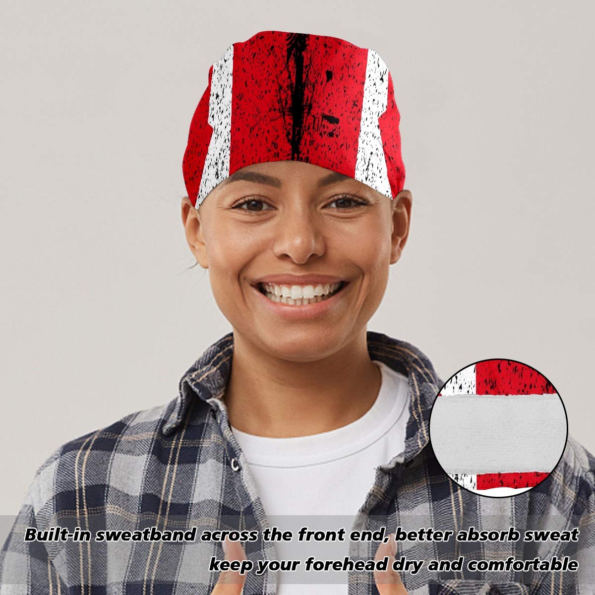 Women's Working Cap with Button and Sweatband, Head Covers Adjustable Tie Back Hat Headwraps Reusable Caps 3D Printed for Men Canada Grunge Flag Maple Leaf Red White Black