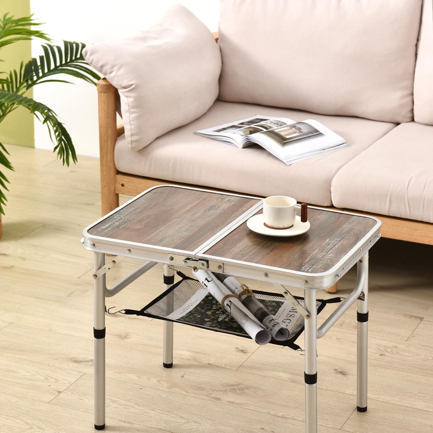 YihuiKo Small Folding Table,3 Adjustable Heights Foldable Table, Camping Table,Outdoor Folding Table with Storage Mesh Layer,Portable Table for BBQ,Patio,Garden and Indoor(Brown)