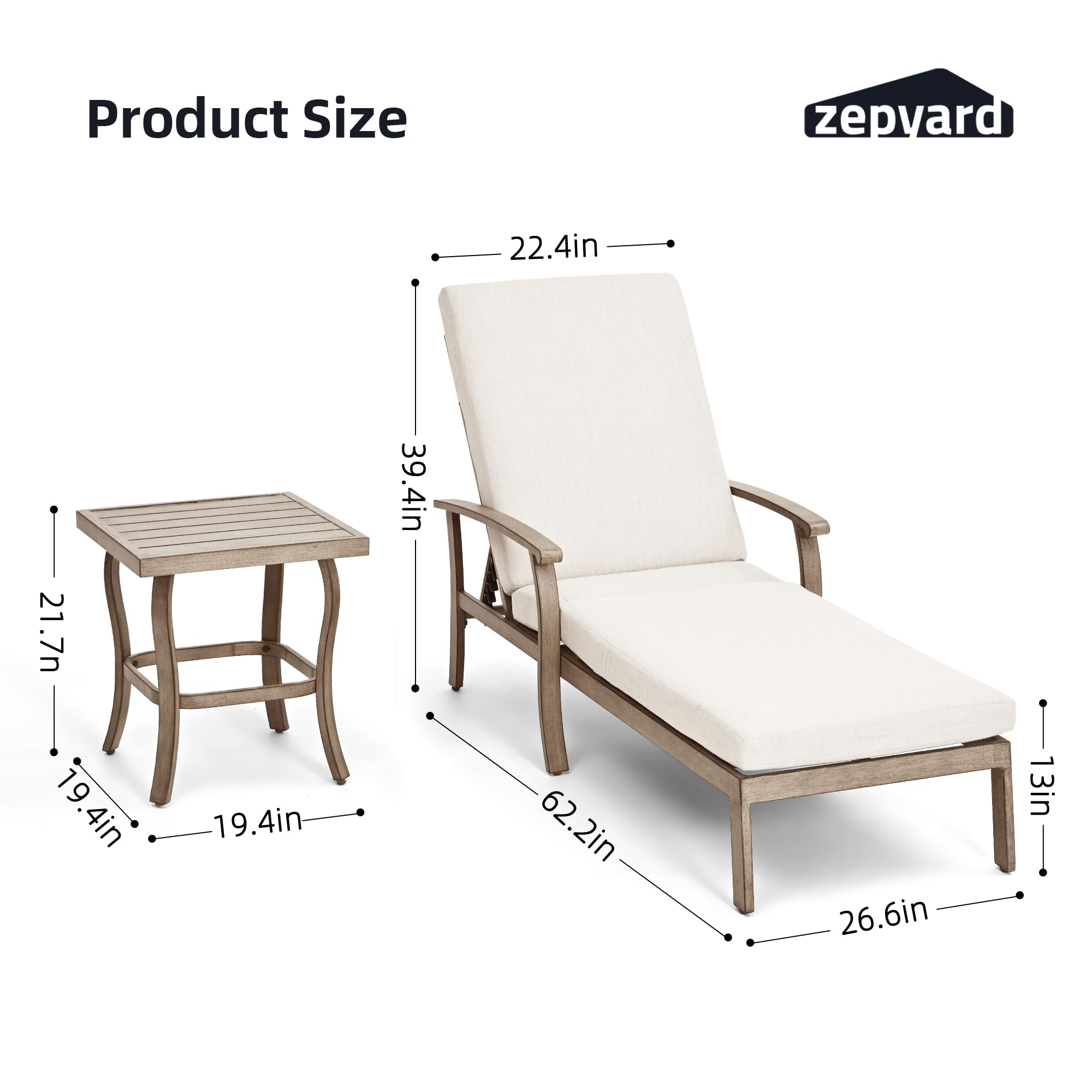 ZEPYARD Aluminum Patio Chaise Lounge Set of 2, Armrest Lounge Chair with Adjustable Backrest for Outside, All Weather Aluminum Lounge Chair for Deck Beach Poolside-Greige Cushion