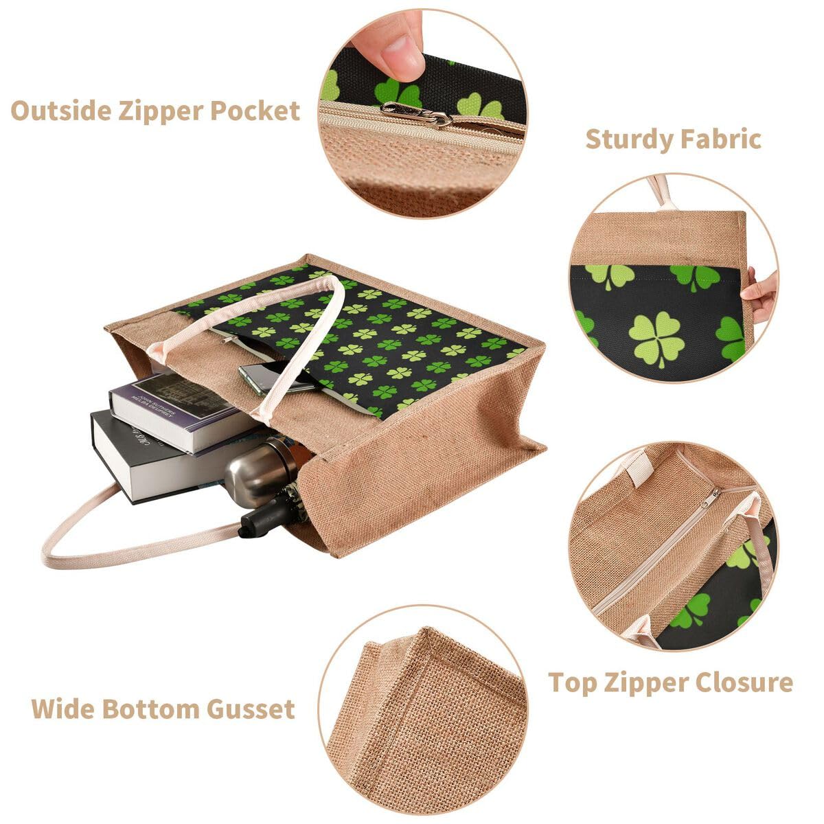 Tote Bag Patrick's Day Clover Leaves Shamrock Green Black Jute Burlap Wedding Bridesmaid Gift Bag Grocery Storage Bag