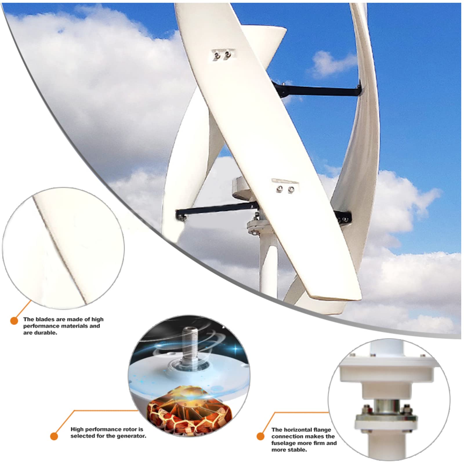 ZHIHUASMTBX Vertical Wind Turbine Generator, 12V 24V 48V 220V 4000W 3 Blades Vertical Magnetic Levitation Upright Wind Generator for Home Use (with MPPT Controller White),48v