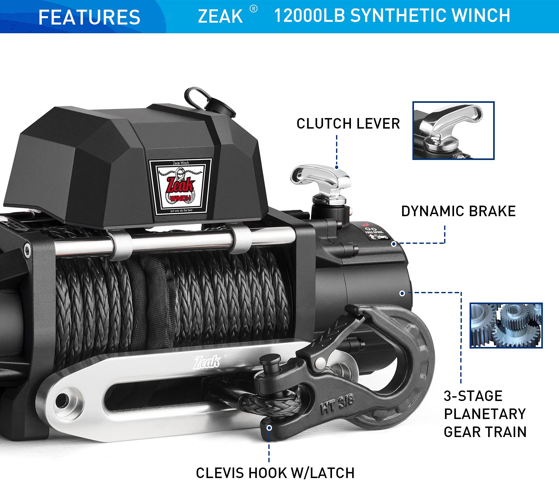ZEAK 12000 lb Electric Truck Winch DC Synthetic Rope, Waterproof Off Road, for Truck SUV, with Wireless Remote