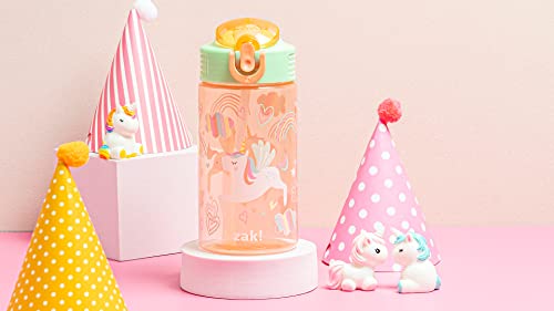 Zak Designs Kids Water Bottle For School or Travel, 16oz Durable Plastic Water Bottle With Straw, Handle, and Leak-Proof, Pop-Up Spout Cover (Unicorn)