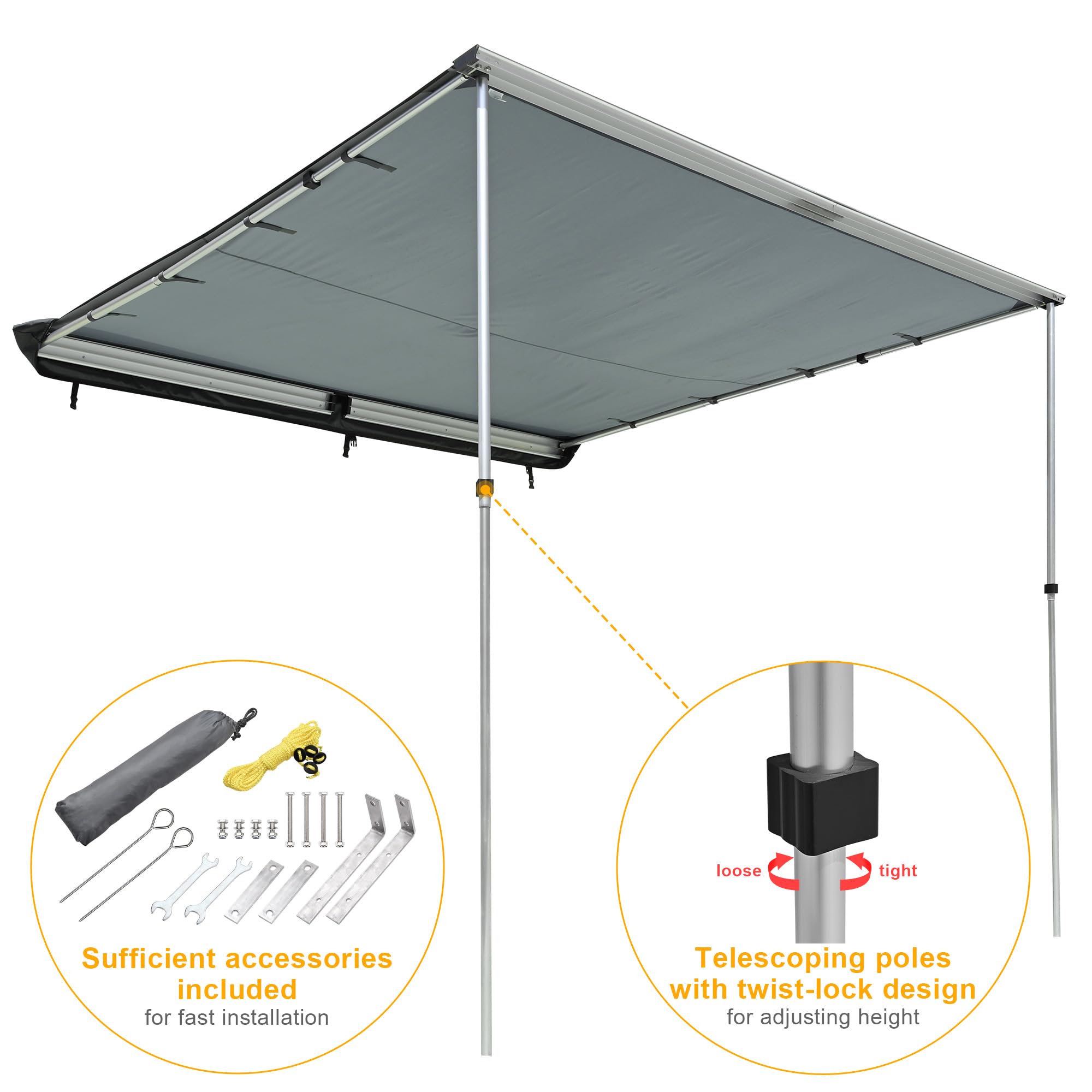 Yescom 8.2x8.2Ft Car Side Awning SUV Truck Vehicle Canopy UV50+ Rooftop Pull Out Tent Shade Shelter for Outdoor Camping