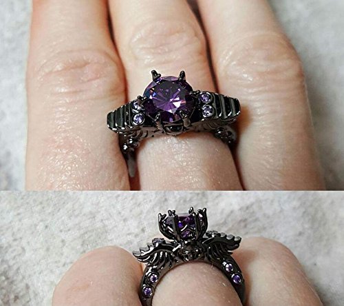 Vintage Black Gold Plated CZ Amethyst Gothic Skull Ring Purple Cubic Zirconia Retro Statement Cocktail Party Biker Rings (9)