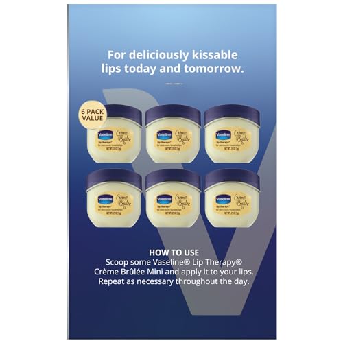 Vaseline Lip Therapy Creme Brulee Mini, White Petrolatum, Advanced Moisturizer, Relieves Dull and Dry Skin, Mini Vaseline Petroleum Jelly, Soft & Smooth Vaseline Lips (Pack of 6-0.25 Oz Ea)
