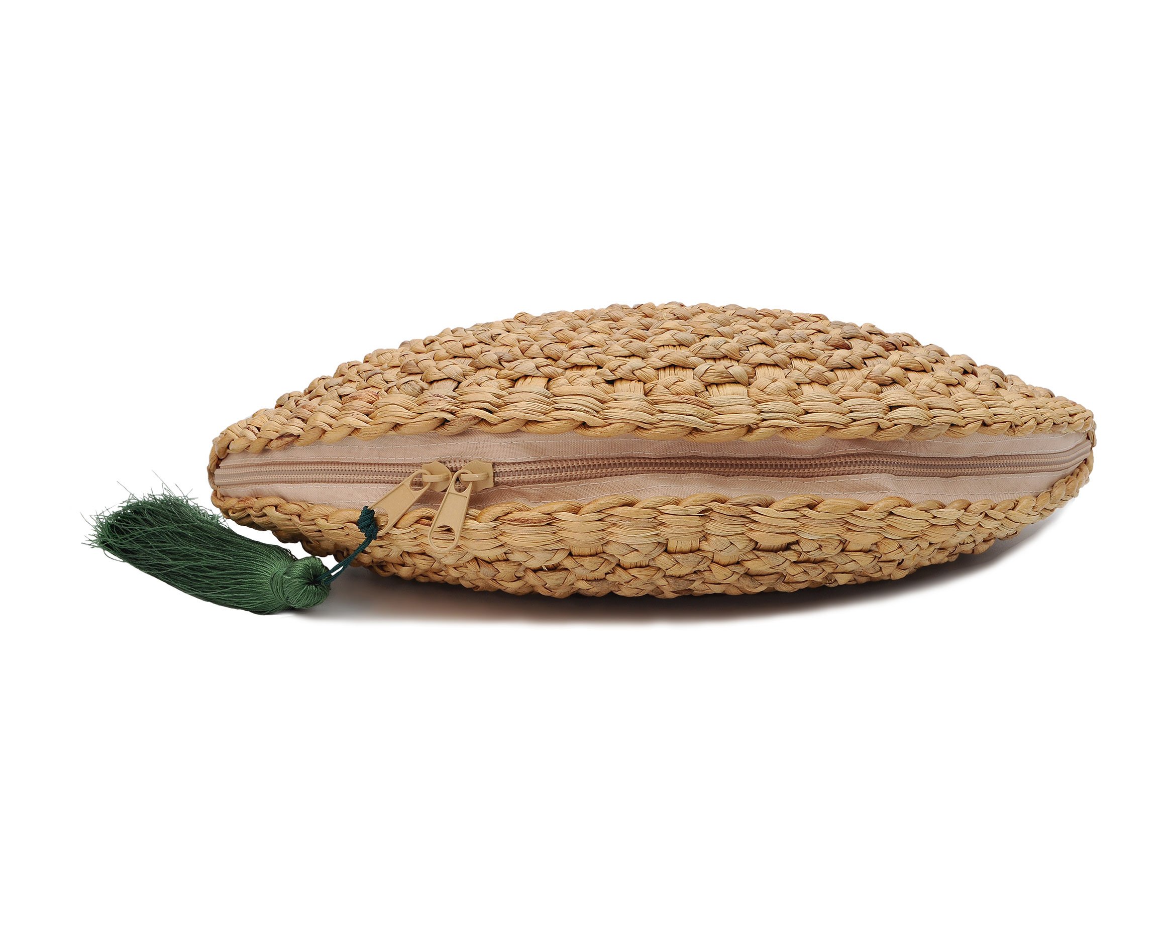Vintage Handmade Knit Bamboo Rattan Straw Clutch Bag/Handbag With Green Tassels Drop