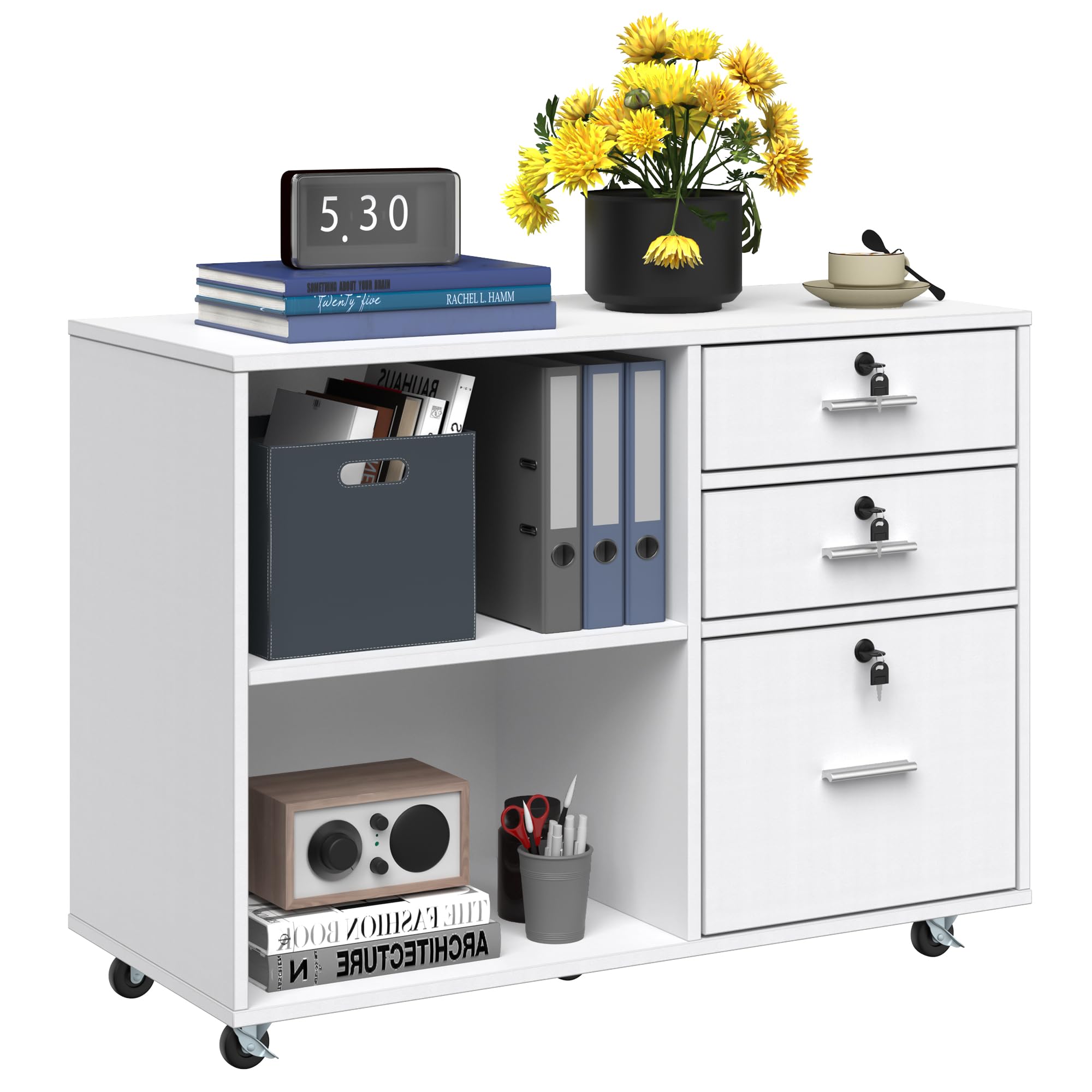 YITAHOME 3 Drawer Wood Lateral File Cabinet, Mobile Filing Cabinet for Letter/A4 Size, Storage Cabinet Printer Stand with 2 Open Shelves for Home Office Organization,White
