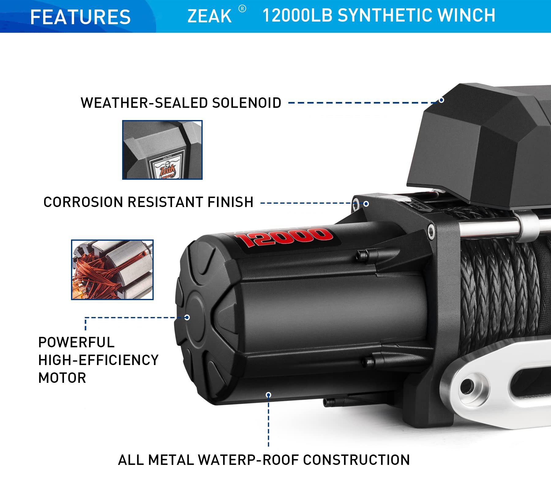 ZEAK 12000 lb Electric Truck Winch DC Synthetic Rope, Waterproof Off Road, for Truck SUV, with Wireless Remote