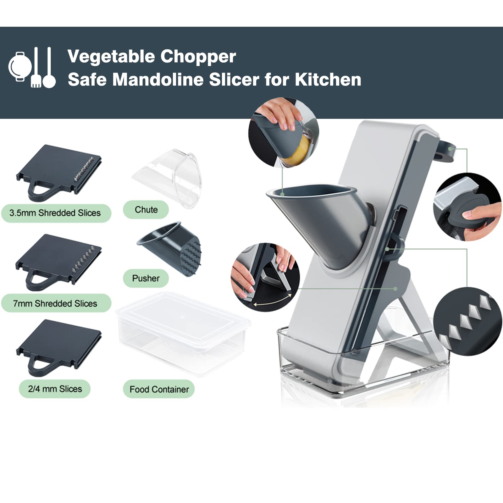 Vegetable Chopper Mandoline Slicer Food Chopper for Kitchen, with 3 Adjustable Thickness Stainless Steel Blades for Vegetable Fruit Meat