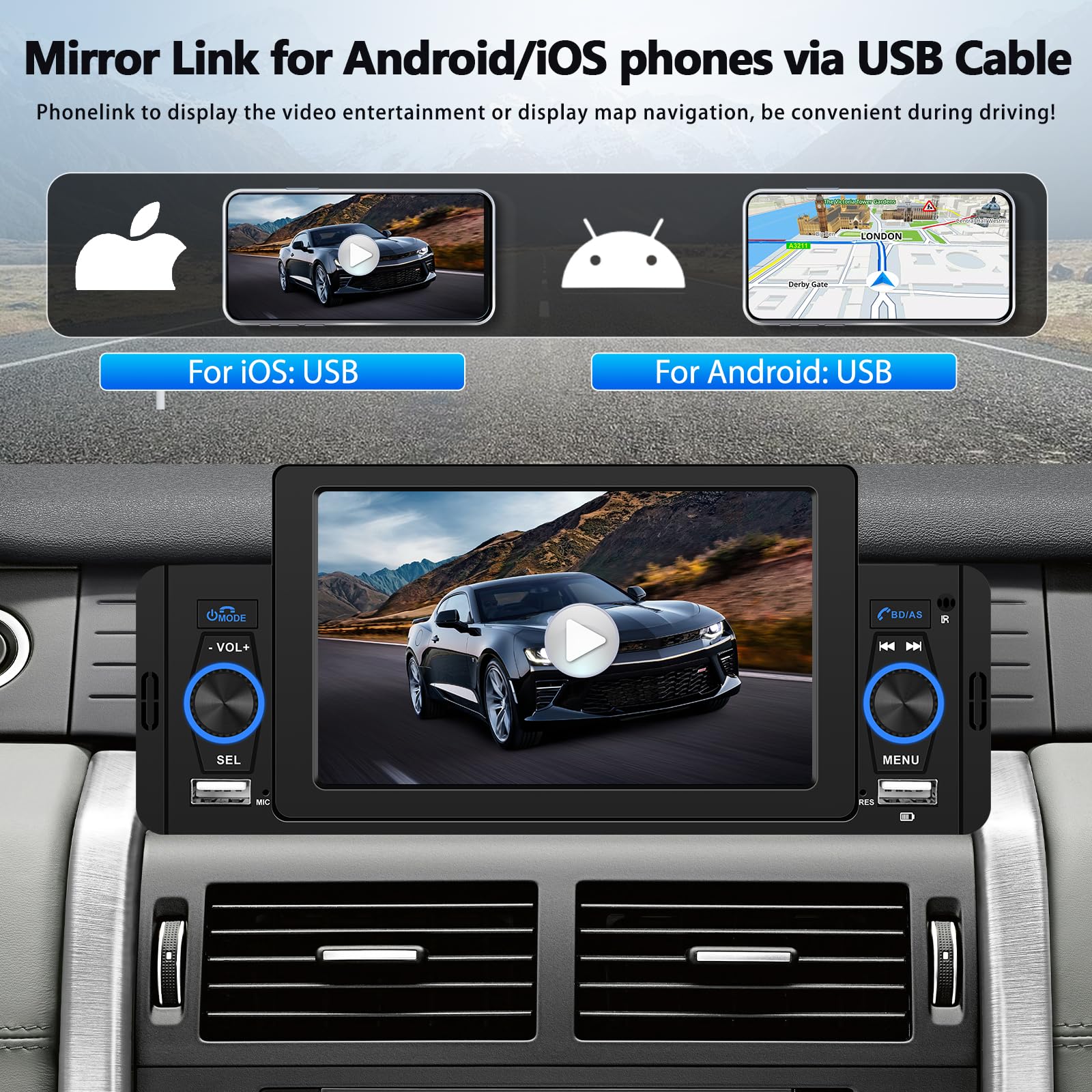 UNITOPSCI 5 Inch Single Din Touchscreen Car Stereo Compatible with Apple CarPlay Android Auto Bluetooth 5.1 Car Radio Receiver Mirror Link FM MP5 Player Dual USB EQ Media Player +Backup Camera Mic
