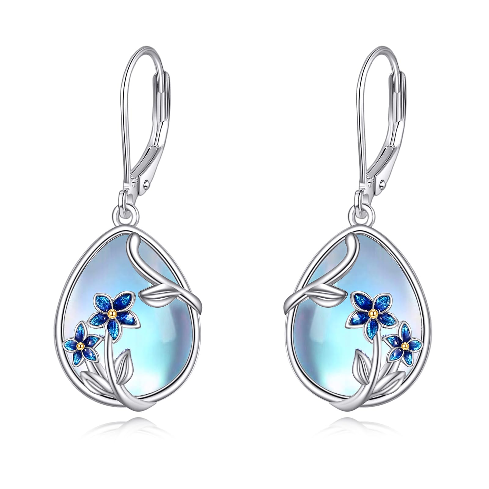 YFN Moonstone Earrings with Forget-Me-Not Sterling Silver Flower Teardrop Drop Dangle Leverback Earrings Gift for Women