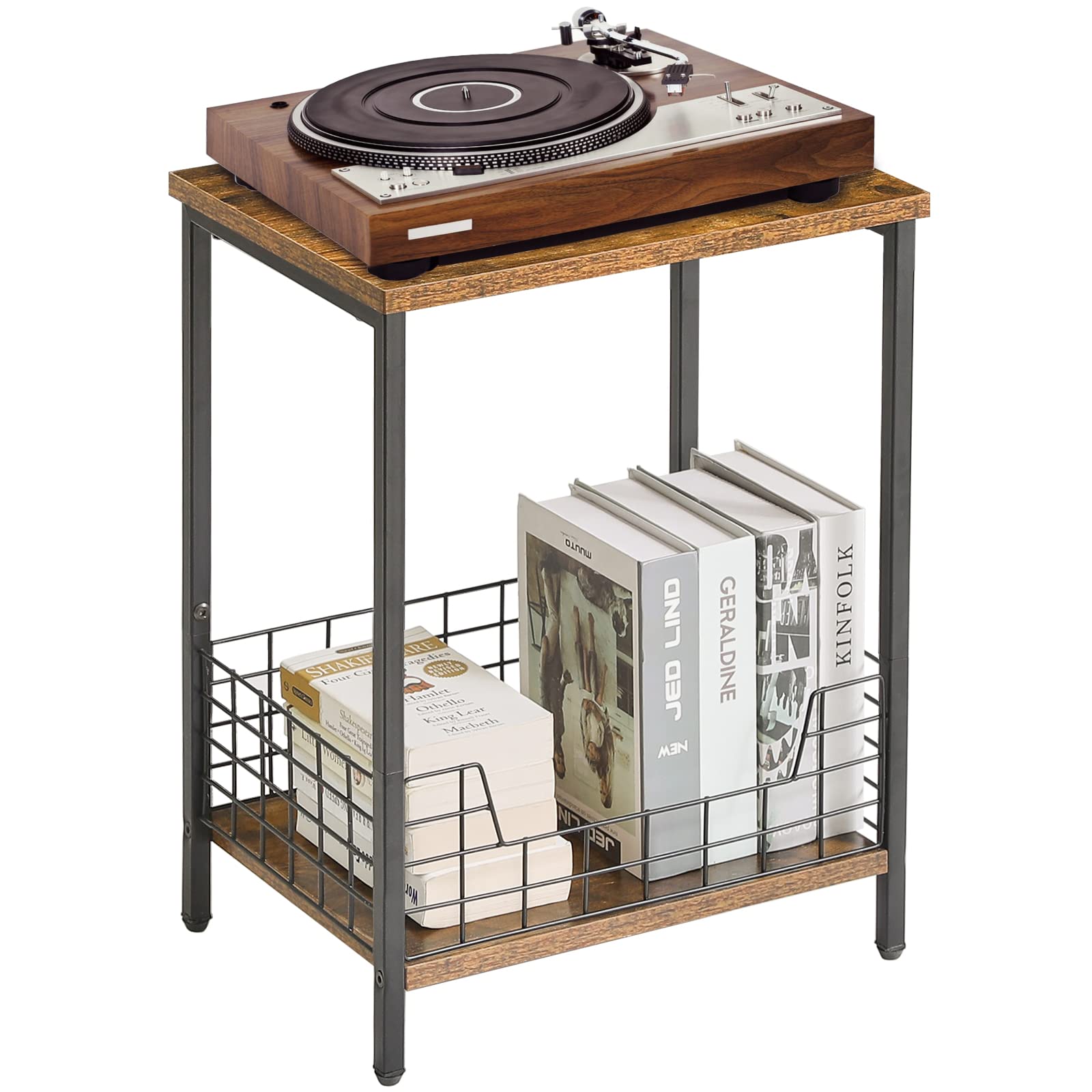 YMYNY 2-Tiers End Table, Side Table with Storage Shelves, Small Nightstand, Industrial Couch Table, for Study, Office, Living Room, Bedroom, Record Player Stand 20.5*15.7*11.4" Rustic Brown UHST001H
