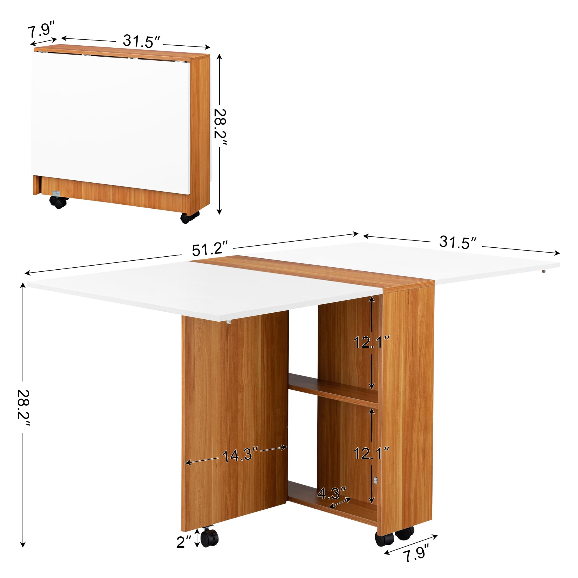 WelFurGeer Folding Dining Table with 6 Wheels, Folded Table with 2-Layer Storage Shelf, Gateleg Table, Kitchen & Dining Room Tables, Folding Table for Kitchen, Living Room