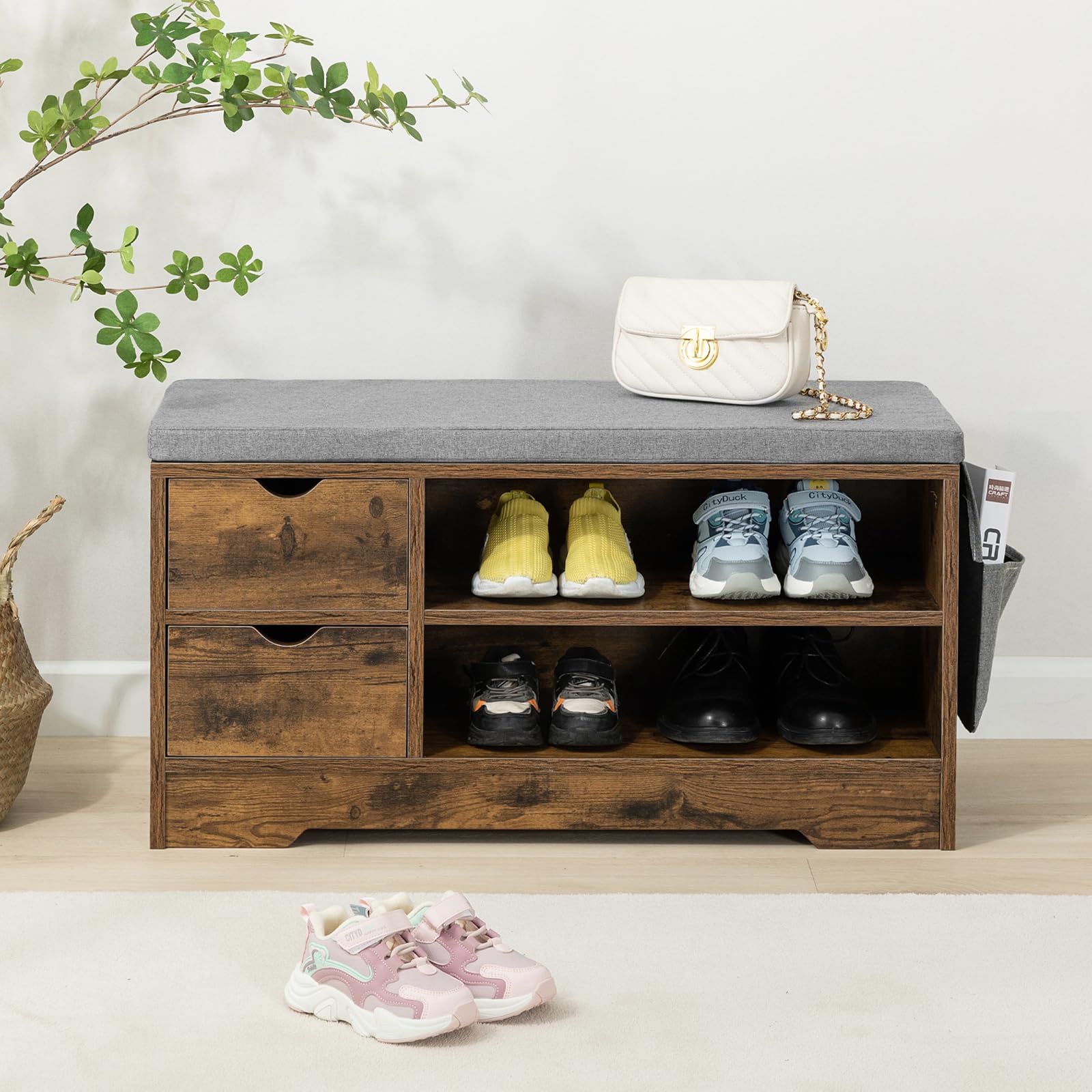 WelFurGeer Shoe Bench with Padded Cushion, Shoe Shelf 1 with Drawer, Shoe Storage Bench Entryway with Storage, Shoe Rack with 3 Compartments, for Entryway, Hallway, White + Gray