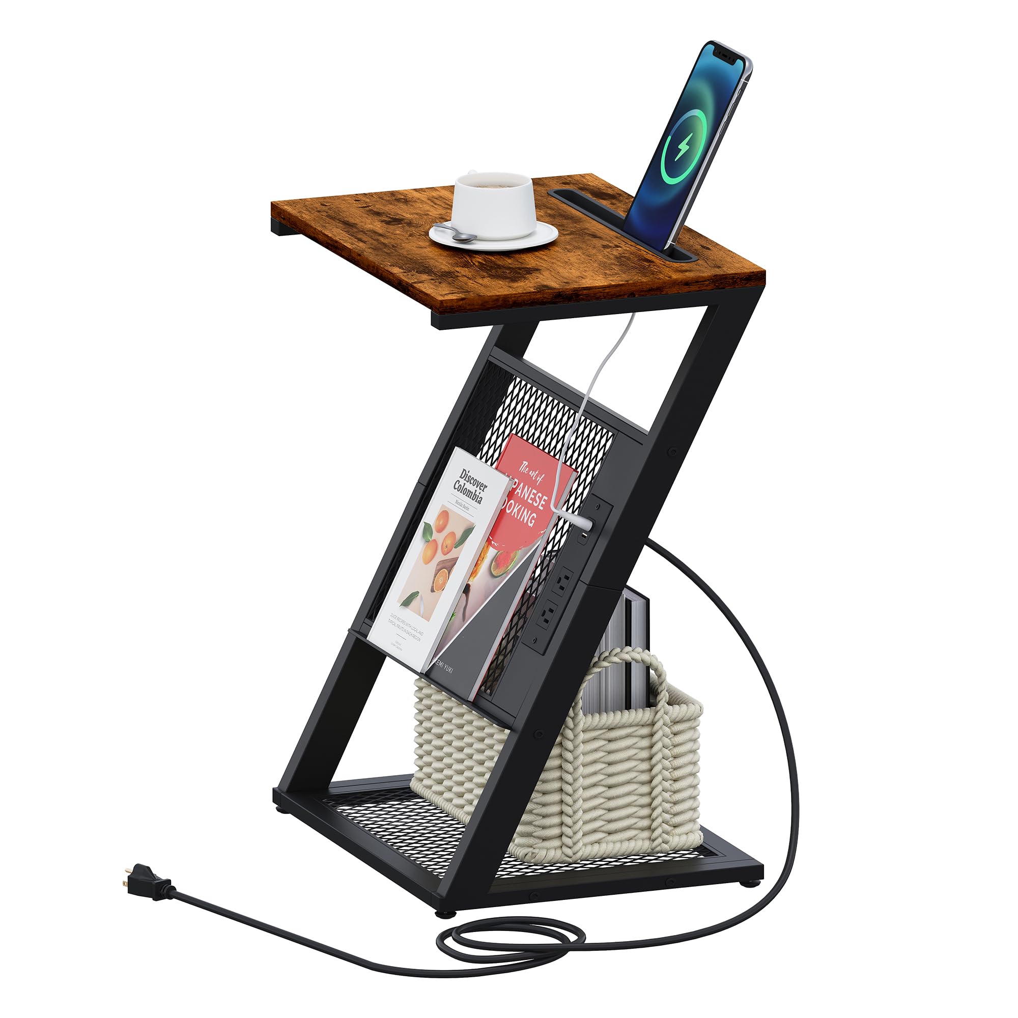 Yifeel End Table with Charging Station, Side Table with Storage Shelf, Bedside Table with Phone Stand, Nightstand for Small Spaces, Living Room, Bedroom, Rustic Brown and Black JET002CSR1