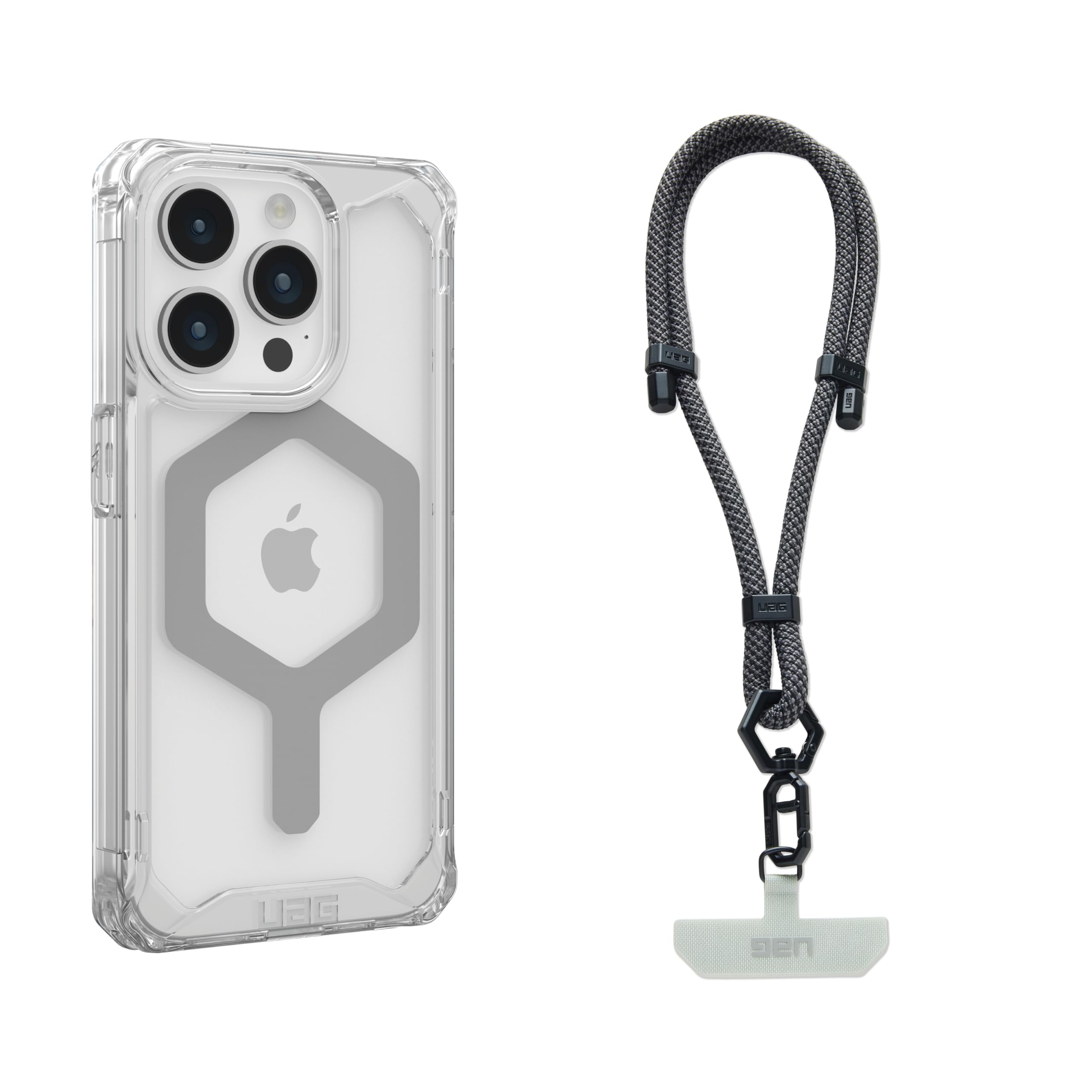 URBAN ARMOR GEAR UAG Designed for iPhone 15 Pro Case Plyo Ice/Silver 6.1" Compatible with MagSafe Bundle with UAG Civilian Phone Lanyard Adjustable Wrist Strap Graphite/Black
