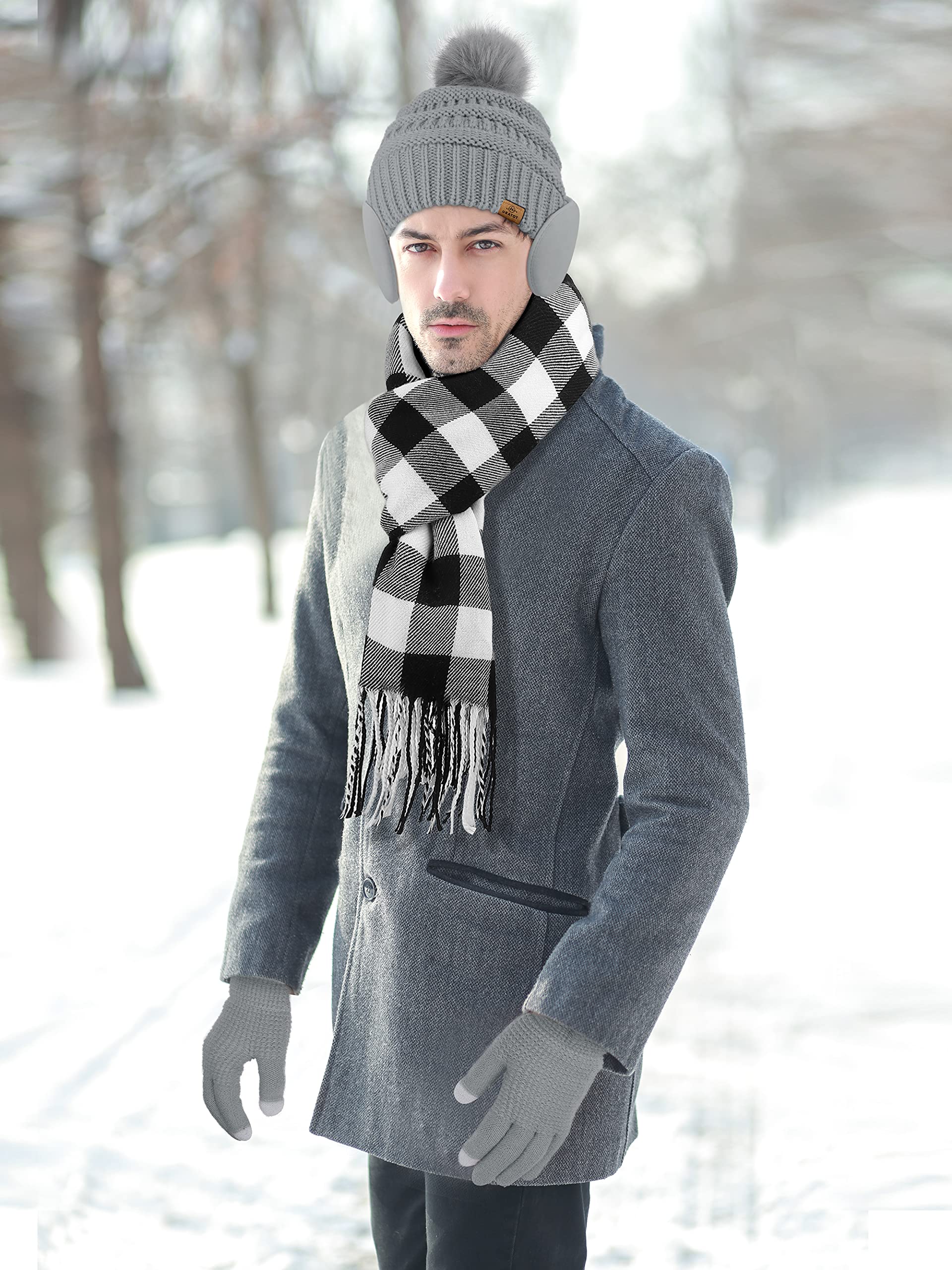 URATOT Beanie Hat Scarf Gloves 4 in 1 Winter Set Knitted Scarf Hat Touch Screen Gloves and Winter Ear Warmer for Unisex