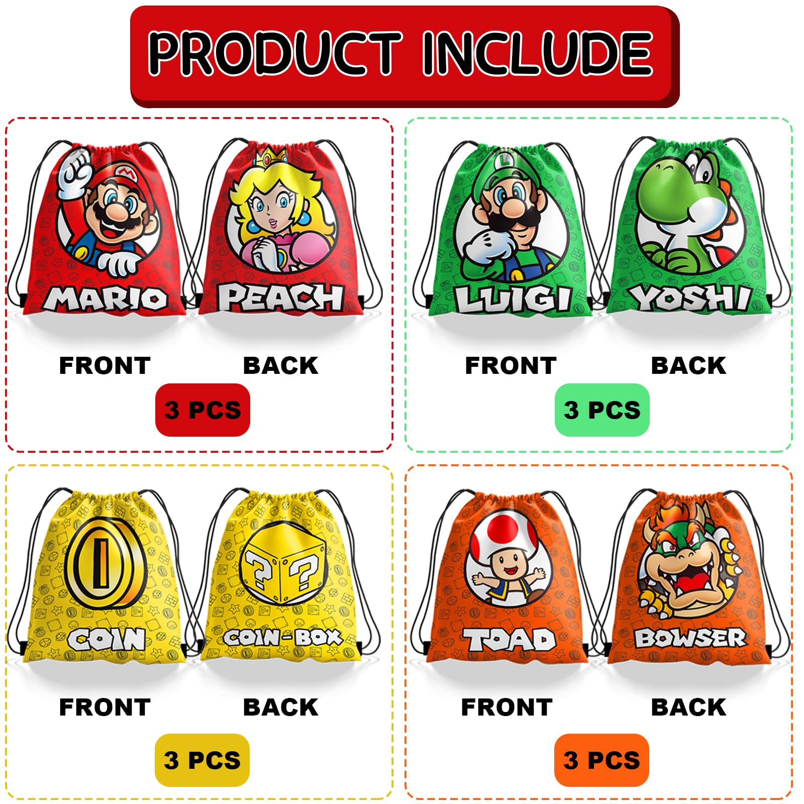 YOPENMOUNE 12 Pieces Mario Candy Drawstring Bag Drawstring Goodie Favor Bags for Boys and Girls Cartoon Birthday Party Decorations