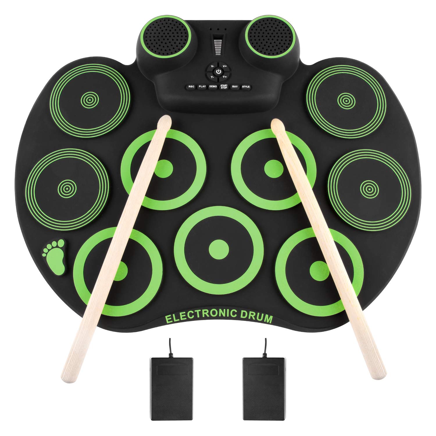 YISSVIC Electronic Drum Set Electric Drum Set 9 Drum Pads Rechargeable Battery Roll Up Drum Portable with Headphone Jack Built-in Speaker Green