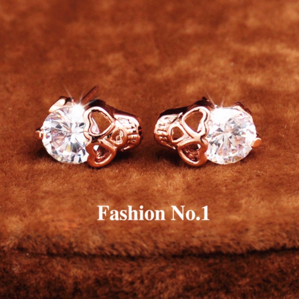 Zittop Rose Gold Women Tone Crystal Diamond Skull Pierced Stud Earrings Jewelry