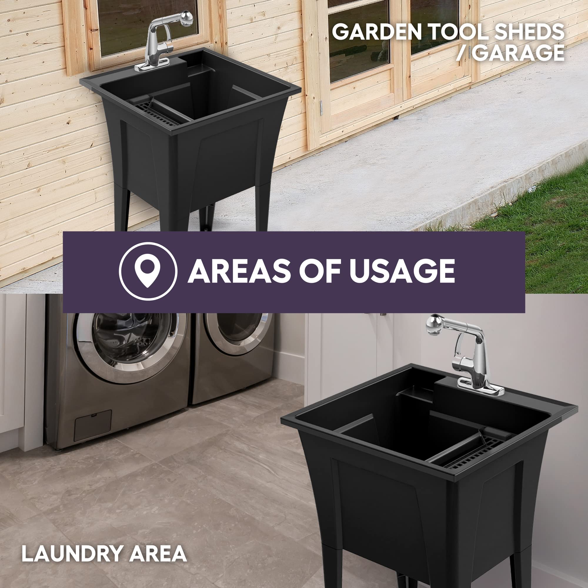 Utility Sink with One-Handle Black Plastic Faucet – Polypropylene Laundry Sink, White Garage Sink, Indoor and Outdoor Use – Complete Sink Set by Noah William Home (24” X 22” X 34” 19.5 Gallons)