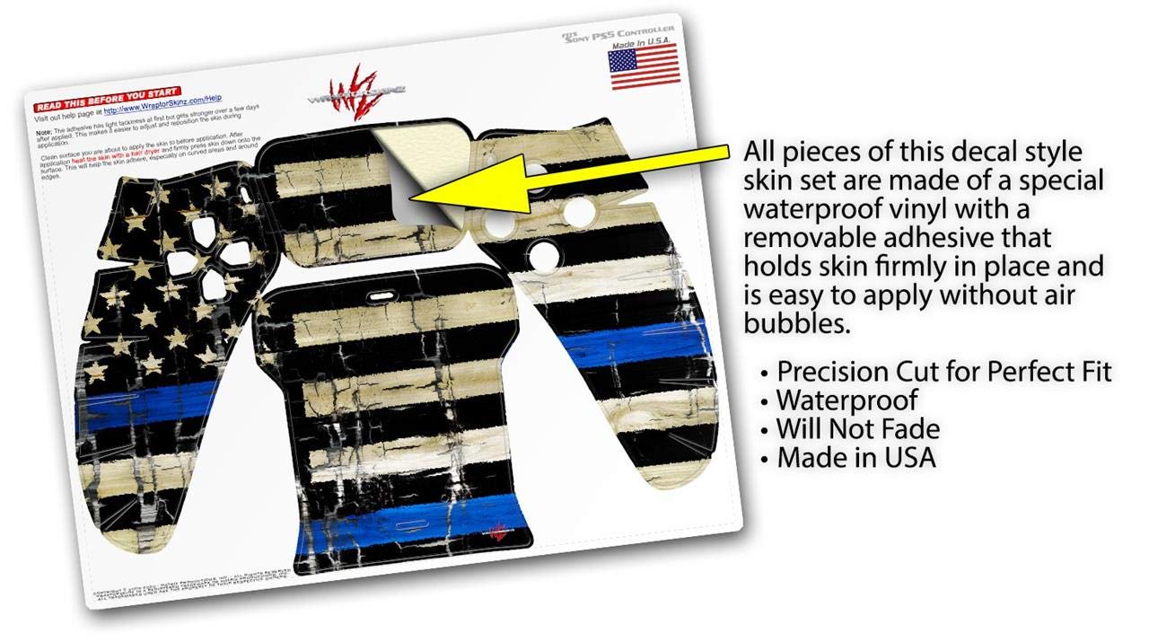 WraptorSkinz Skin Wrap compatible with Sony PS5 DualSense Controller Painted Faded Cracked Blue Line Stripe USA American Flag (CONTROLLER NOT INCLUDED)
