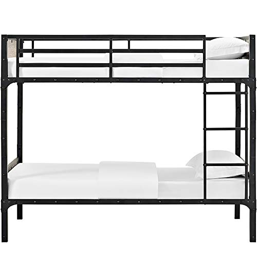 Walker Edison Rustic Wood and Metal Pipe Twin Over Twin Bunk Bed Bunk bed Kids Bed Bedroom Storage Guard Rail Ladder, Twin Over Twin, Marble