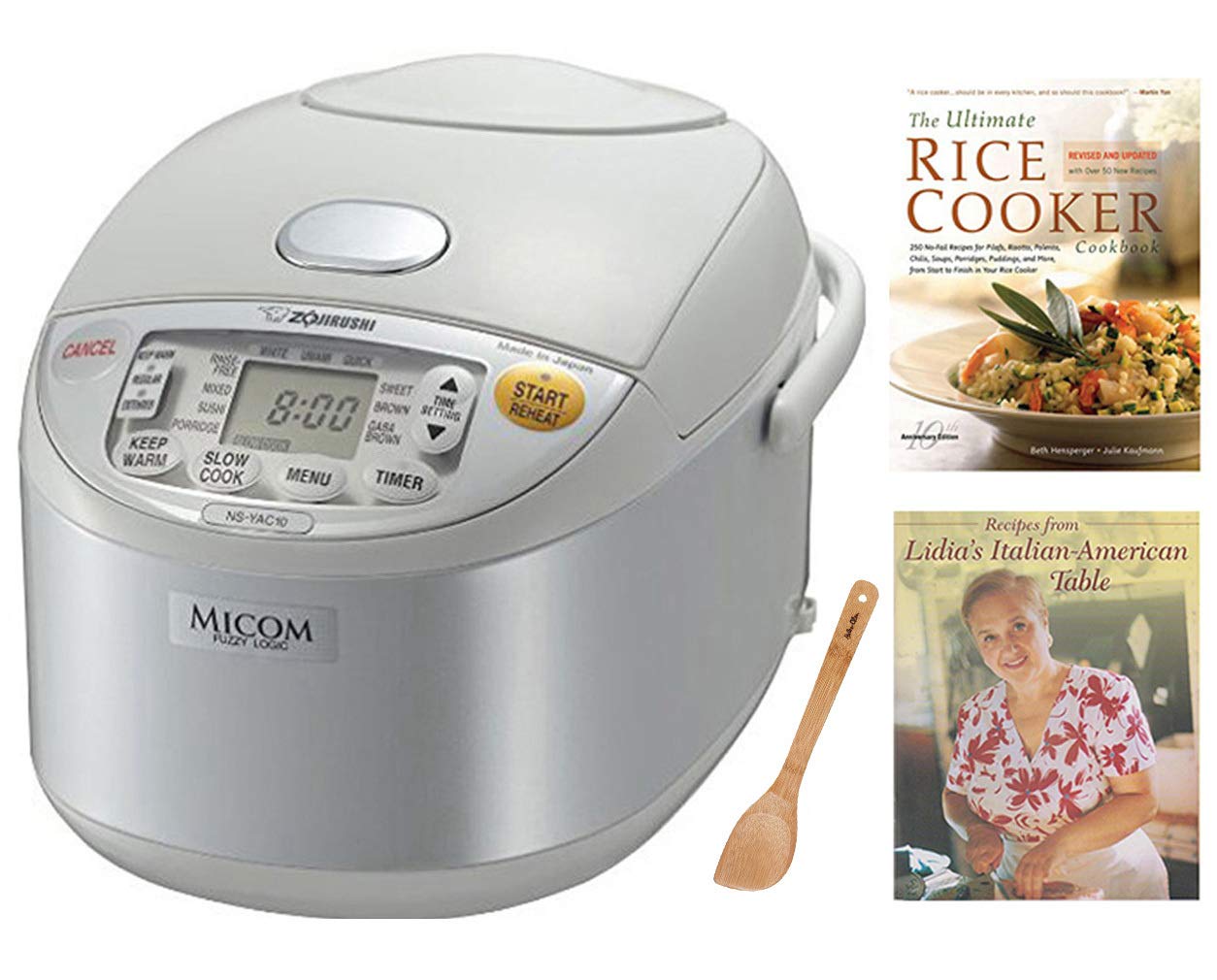 Zojirushi NS-YAC10 Umami Micom Rice Cooker and Warmer, Pearl White, 5.5 Cup Capacity Includes Two Cookbooks & Spatula Bundle