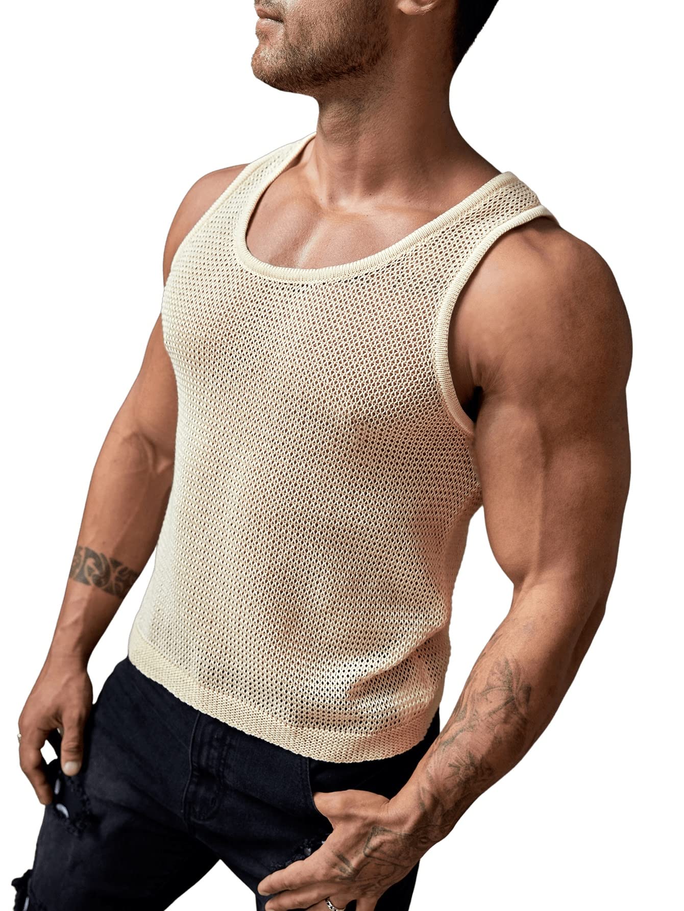 Verdusa Men's Casual Sleeveless Round Neck Sheer Knitted Tank Muscle Top Beige XL