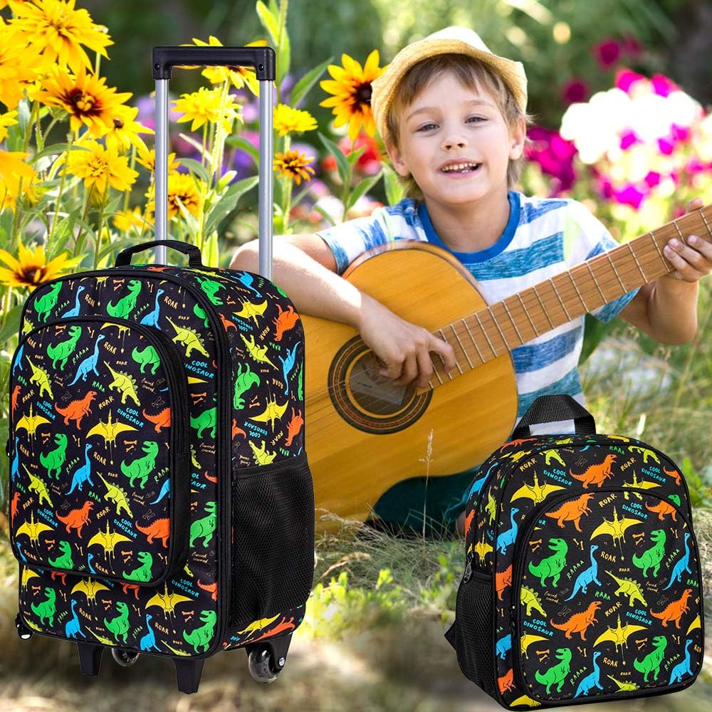 ZLYERT 2PCS Kids Luggage, Boys Carry on Rolling Suitcase and 12" Backpack Set, Dinosaur Travel Suitcases for Toddler Children - Black