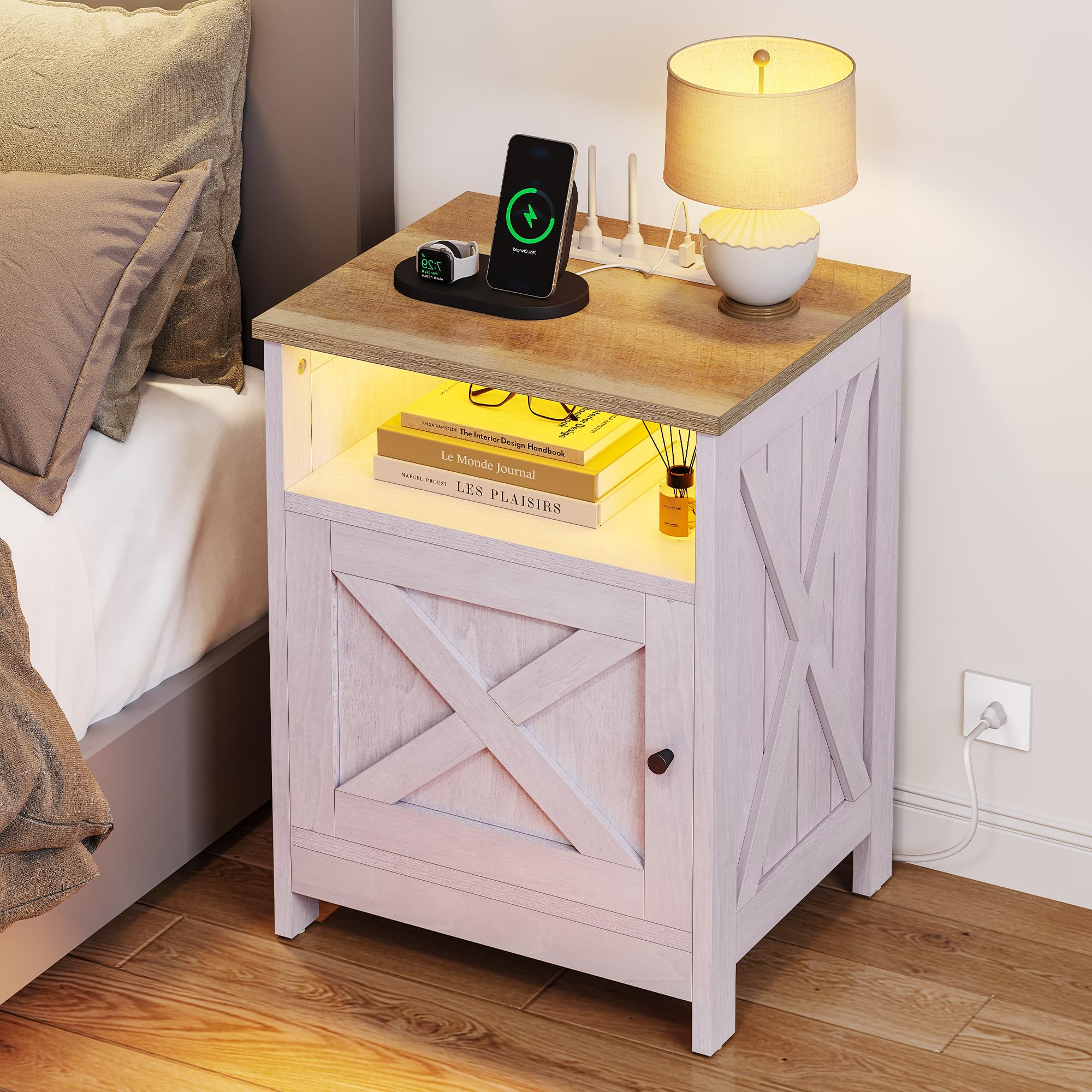 YITAHOME Farmhouse Nightstand with LED Lights & Charging Station, Night Stands with Storage Cabinet for Bedroom, End Side Table Bedside Table with Storage Shelf, Set of 2, Silver Grey + Rustic White
