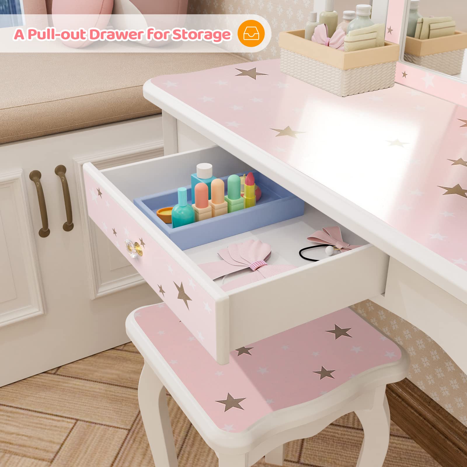 VALUE BOX Kids Vanity Table and Stool for Makeup Dressing with Mirrors Drawers, White Pink
